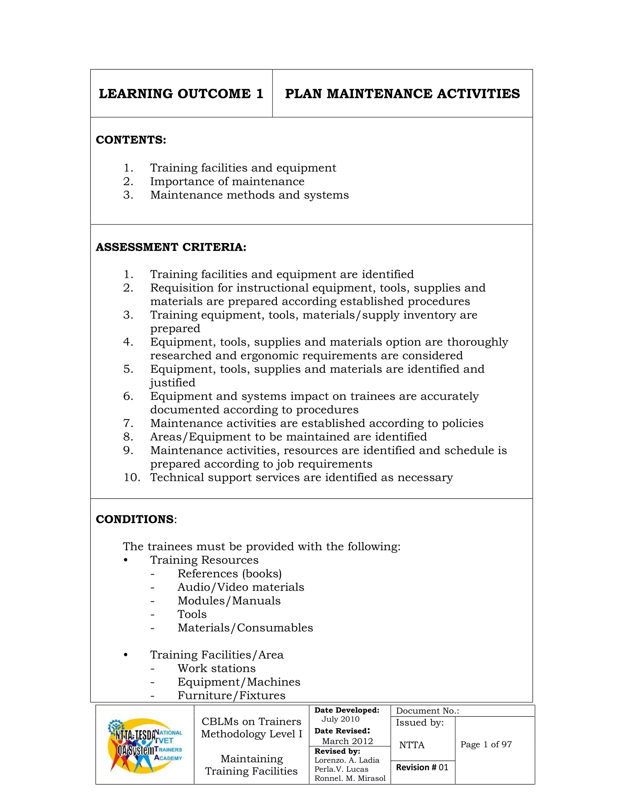 Maintain training facilities 1 | PDF