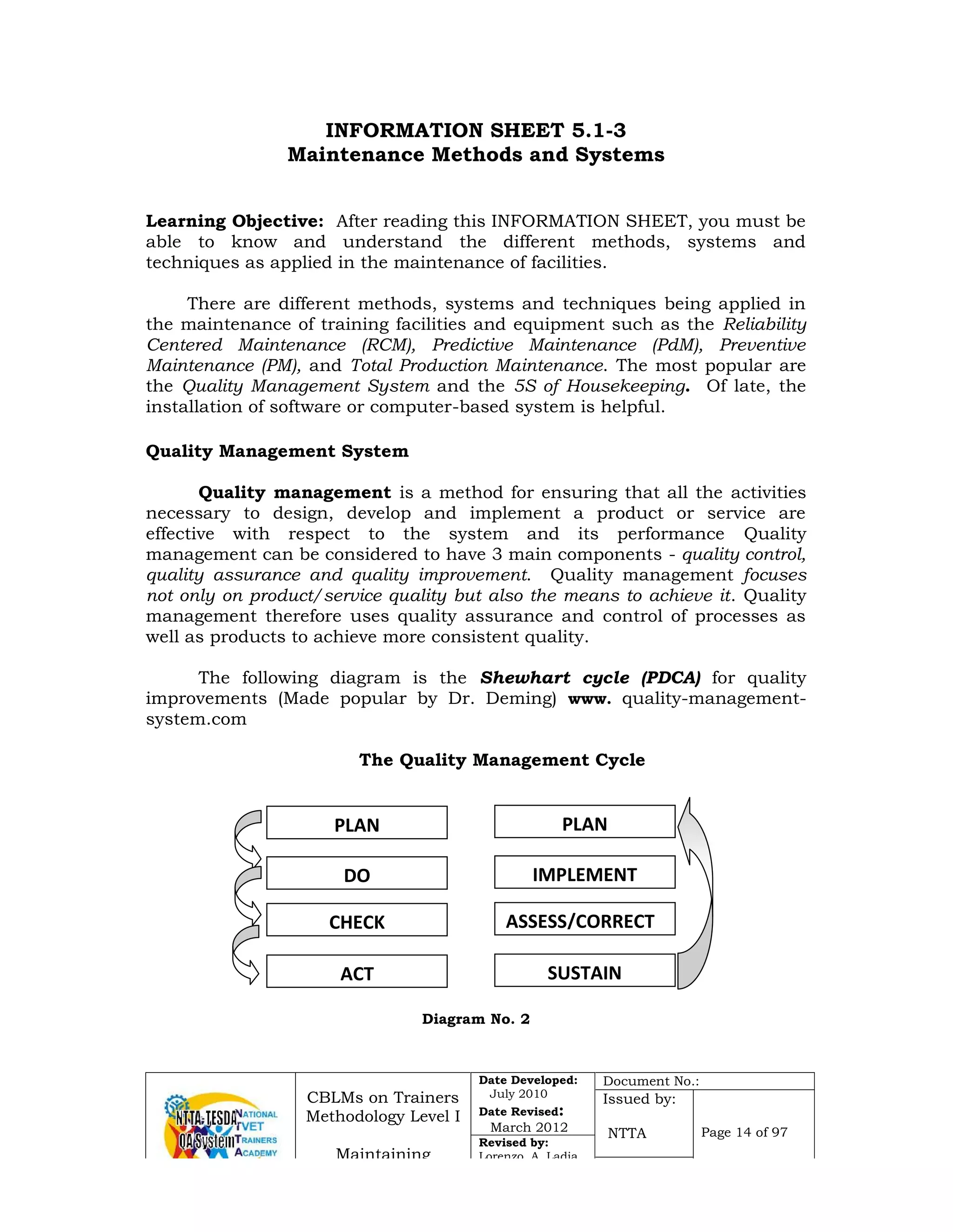 Maintain Training Facilities 1 Pdf