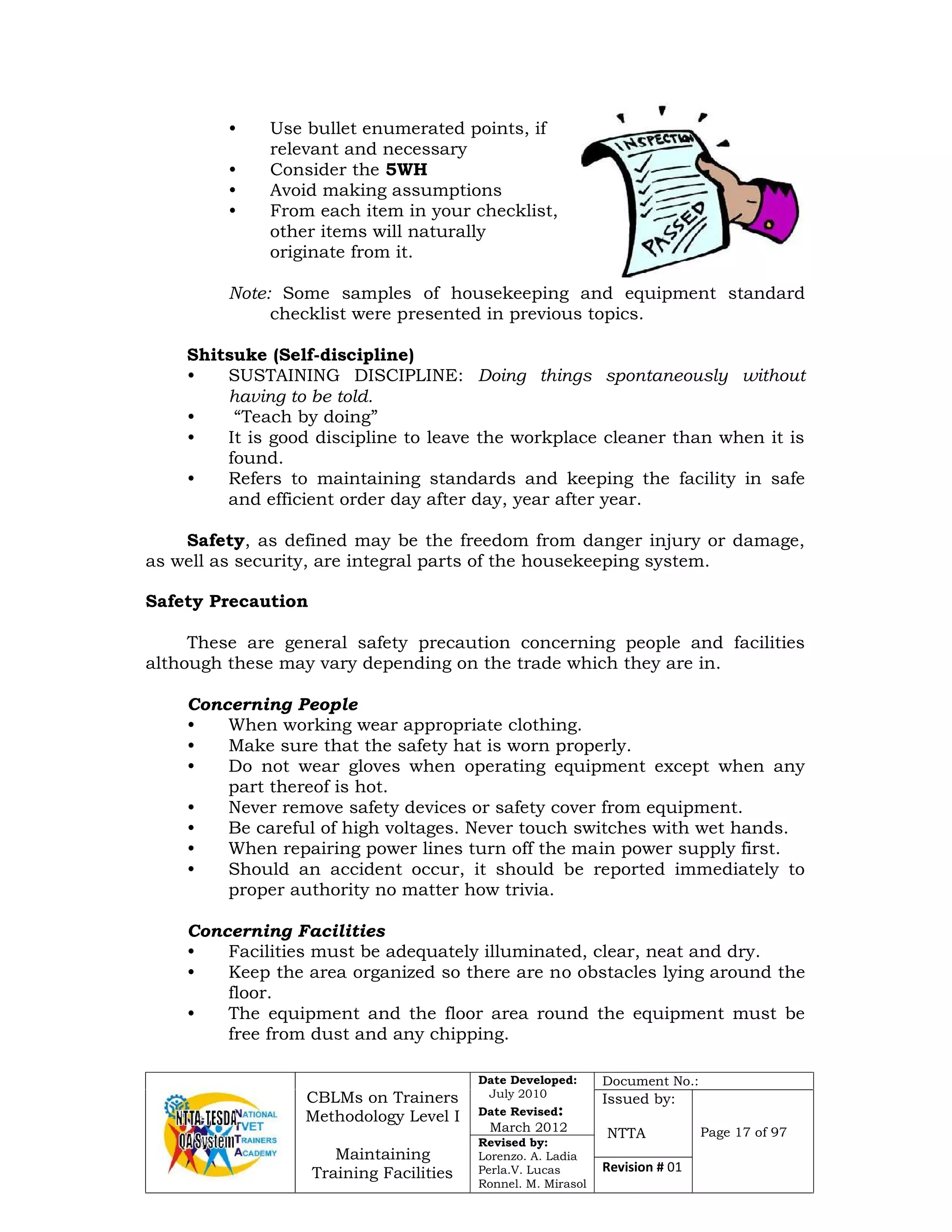 Maintain Training Facilities 1 Pdf