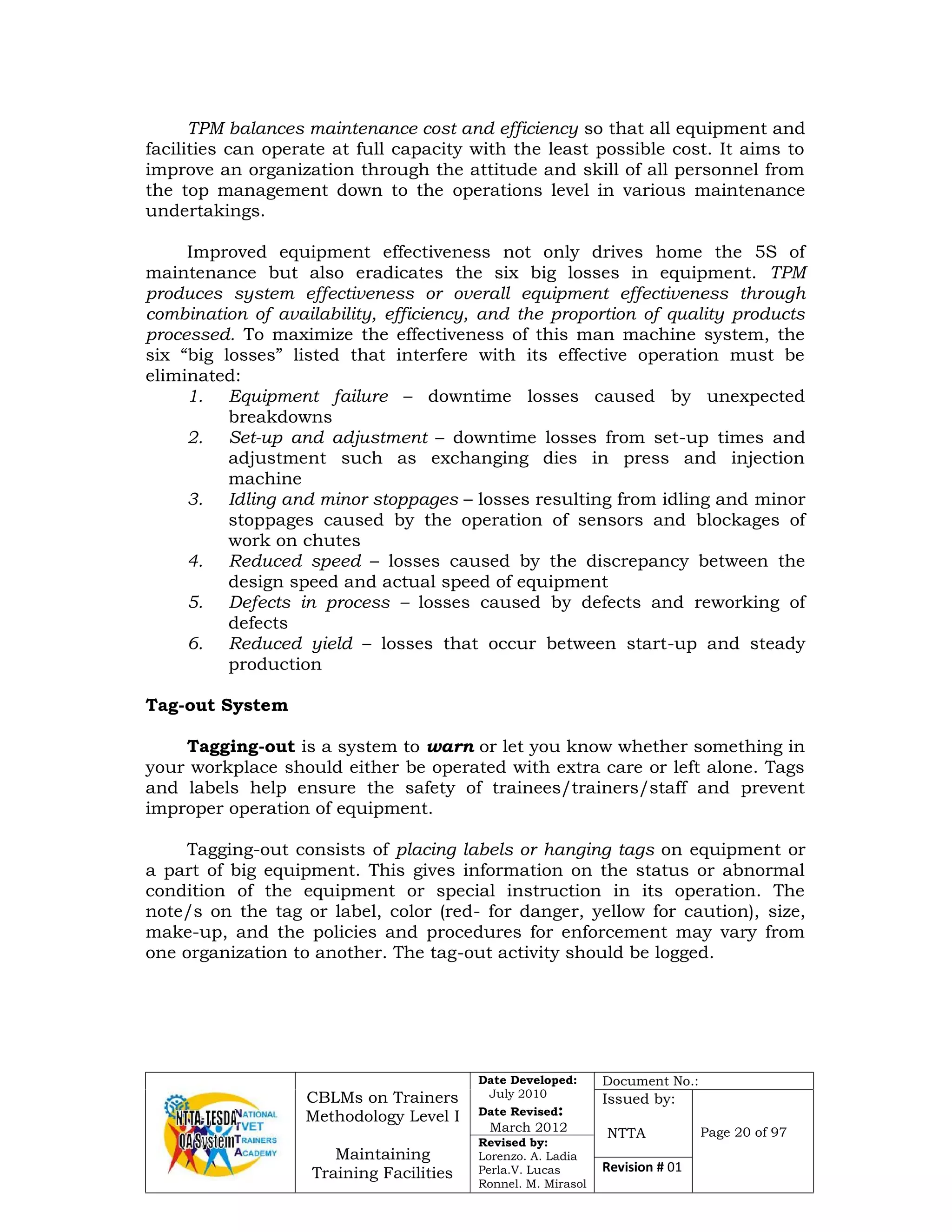 Maintain training facilities 1 | PDF