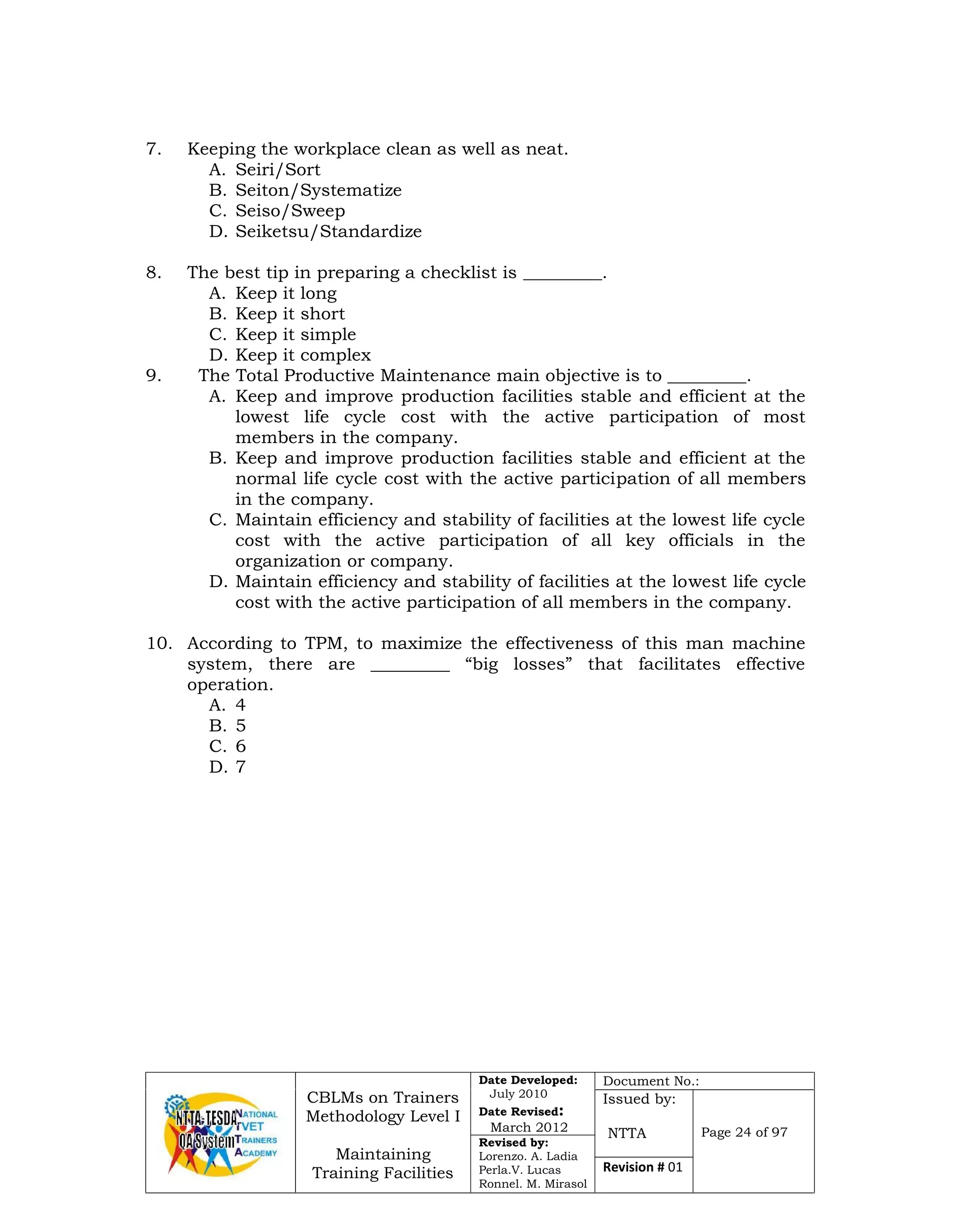 Maintain training facilities 1 | PDF