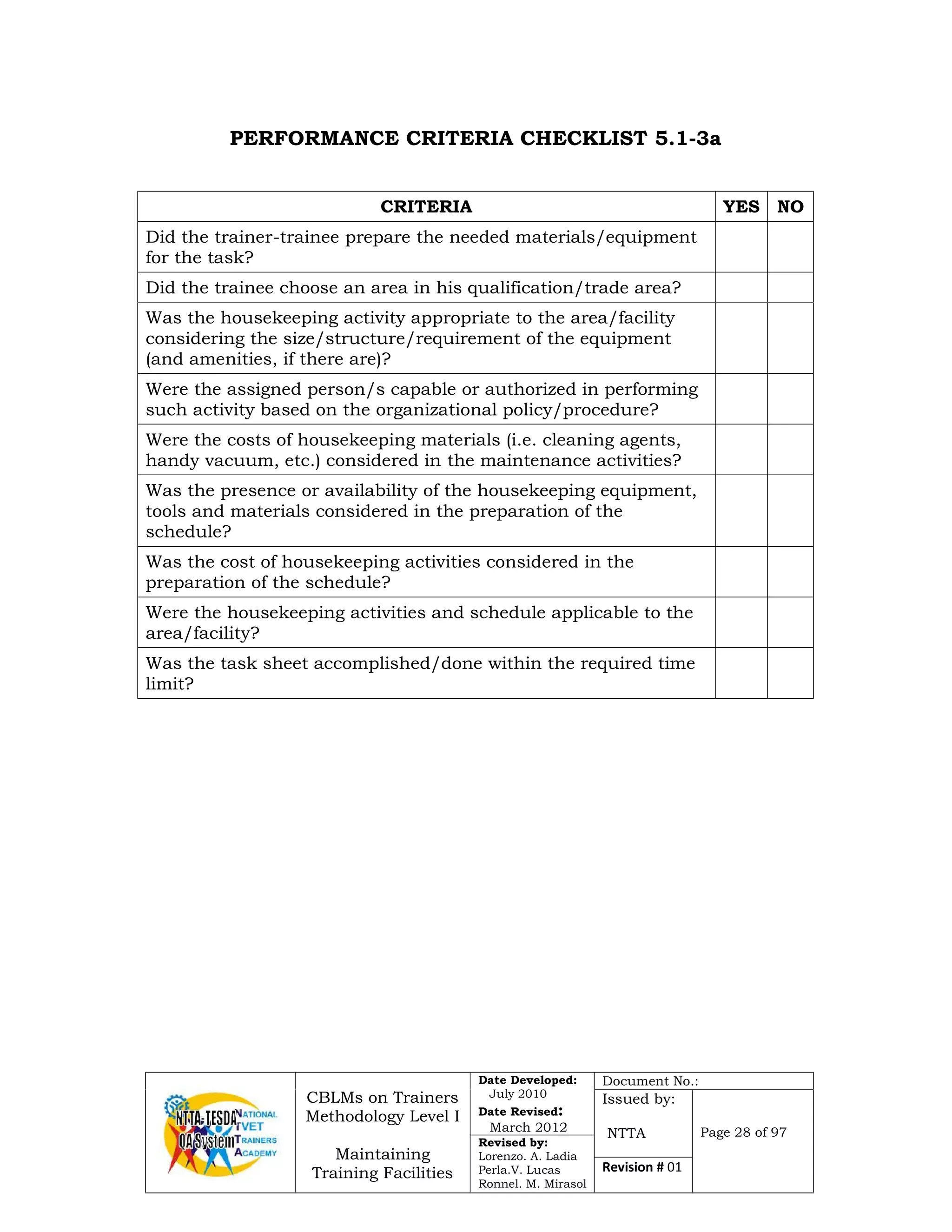 Maintain training facilities 1 | PDF