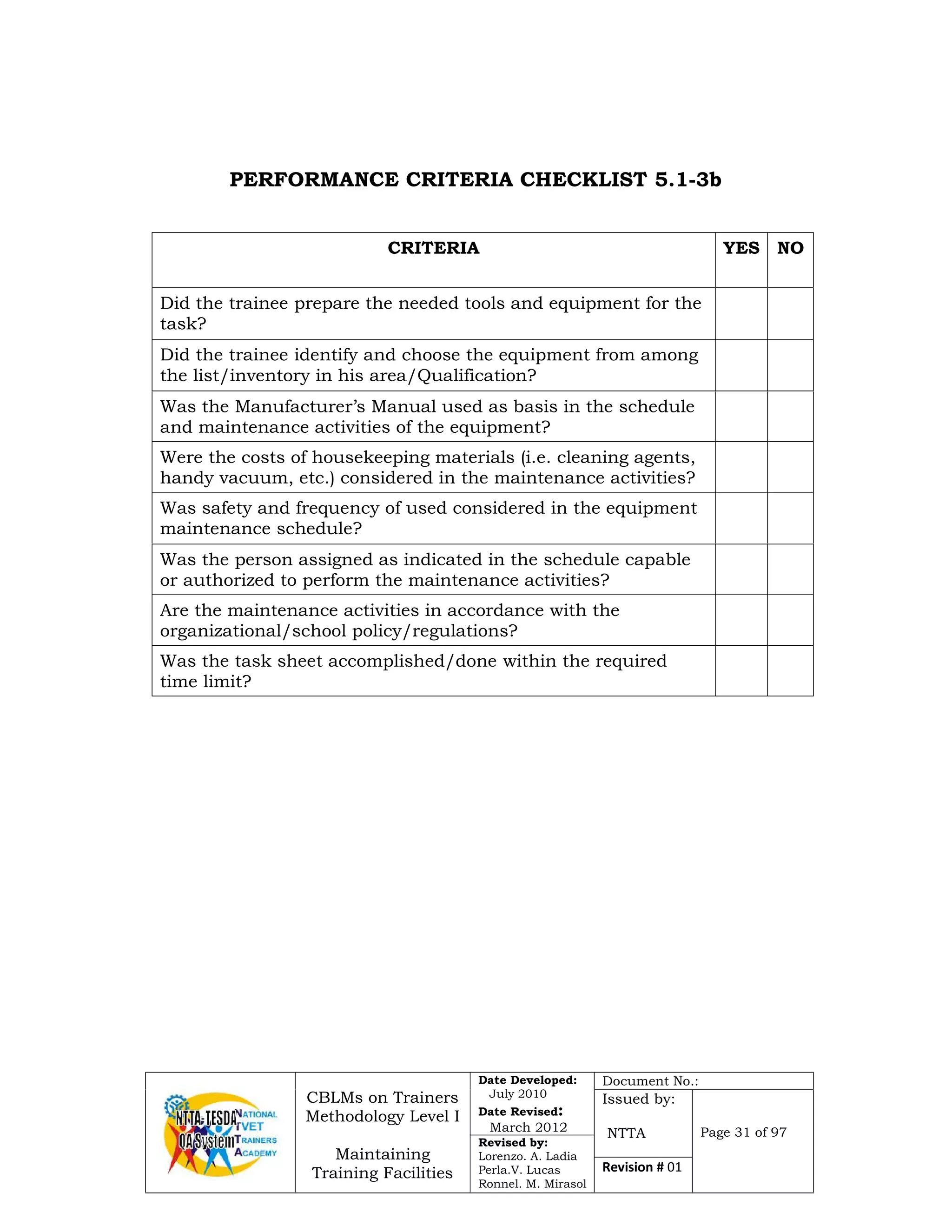 Maintain Training Facilities 1 Pdf