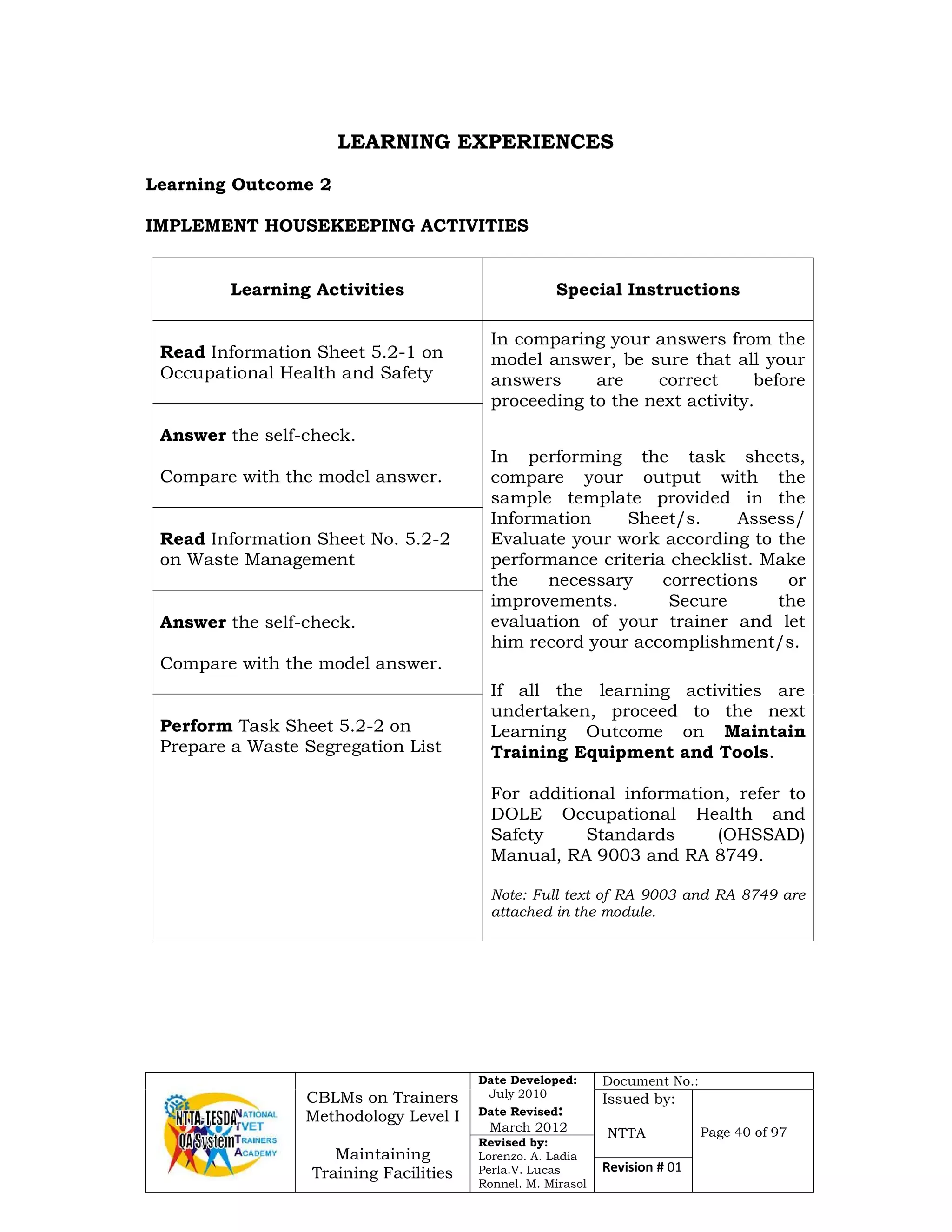 Maintain training facilities 1 | PDF