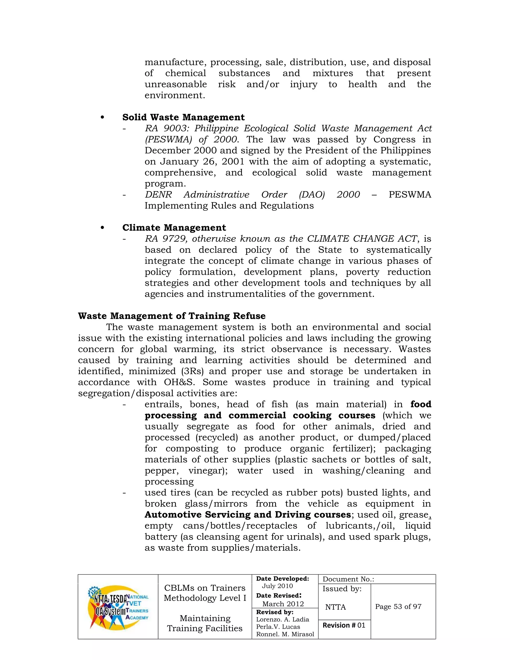 Maintain training facilities 1 | PDF