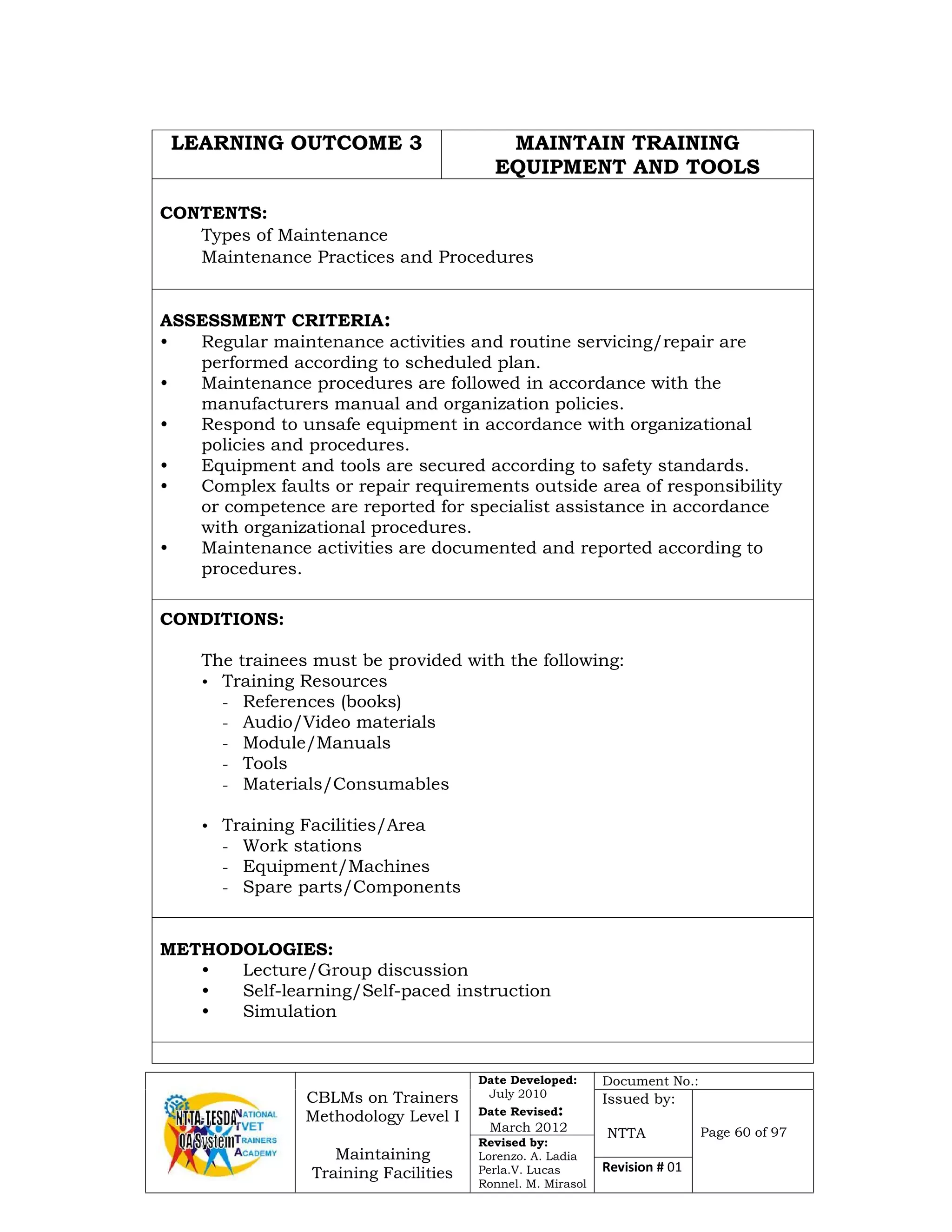 Maintain training facilities 1 | PDF