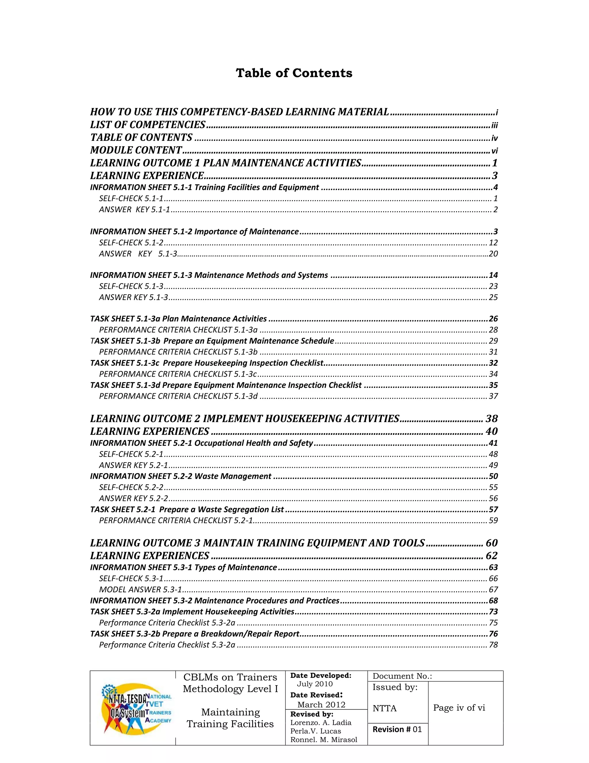 Maintain training facilities 1 | PDF