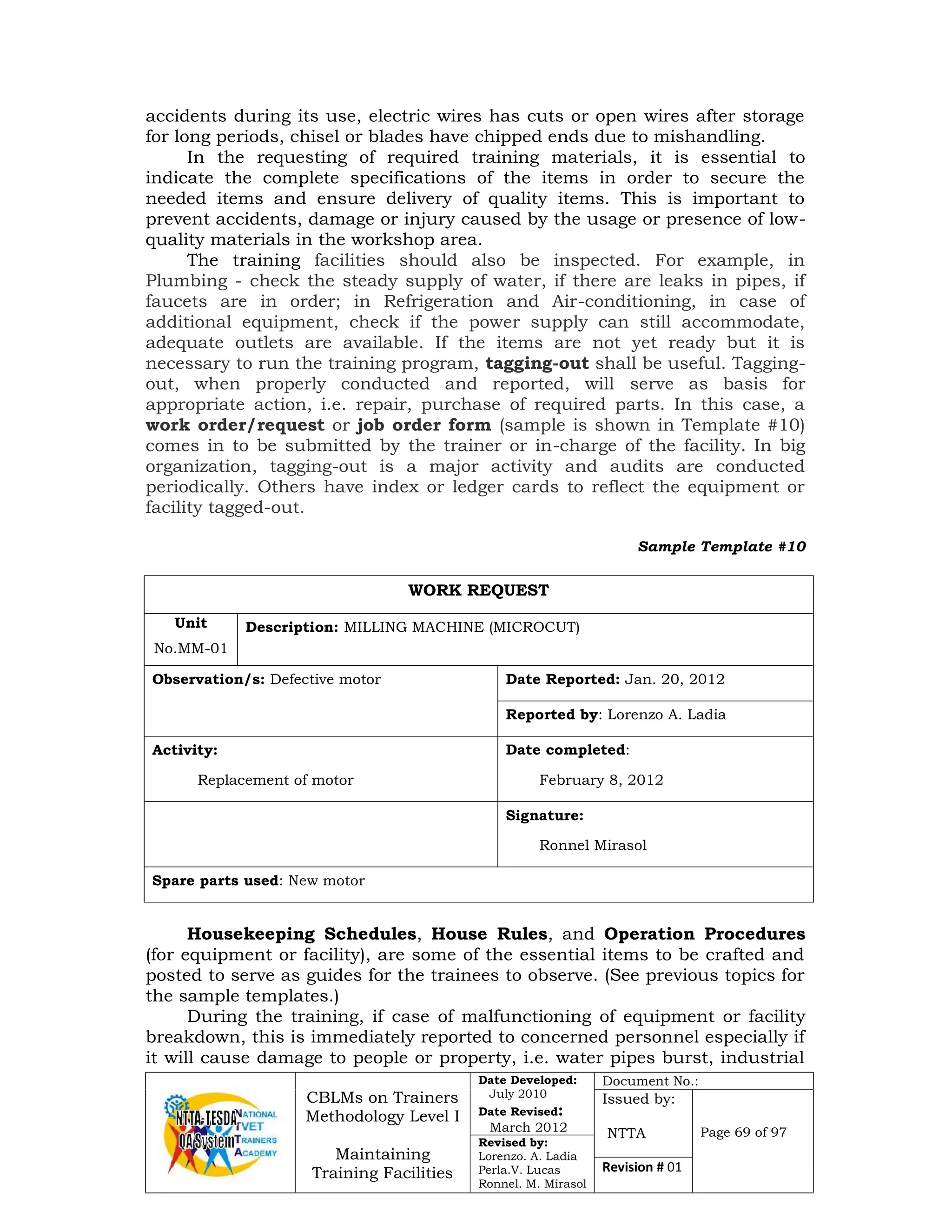 Maintain training facilities 1 | PDF
