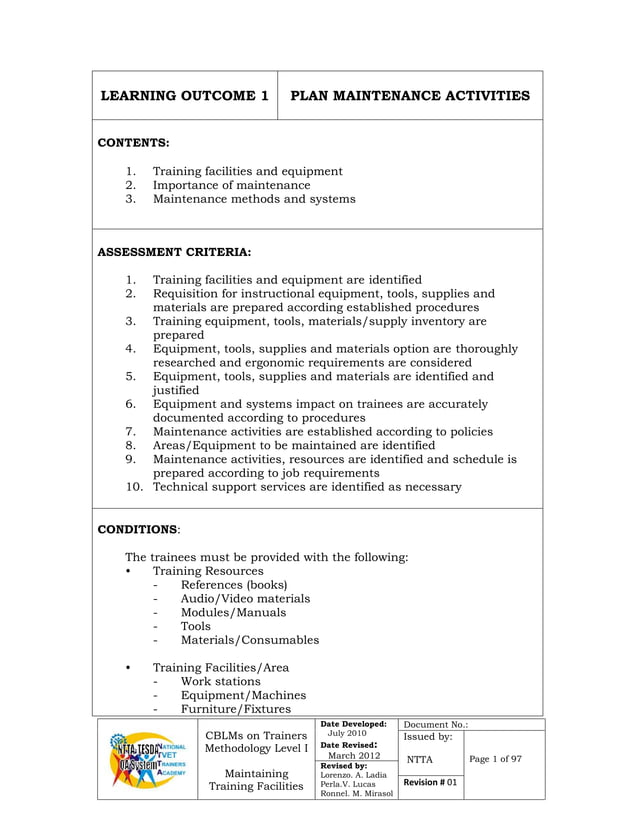 Maintain training facilities 1 | PDF