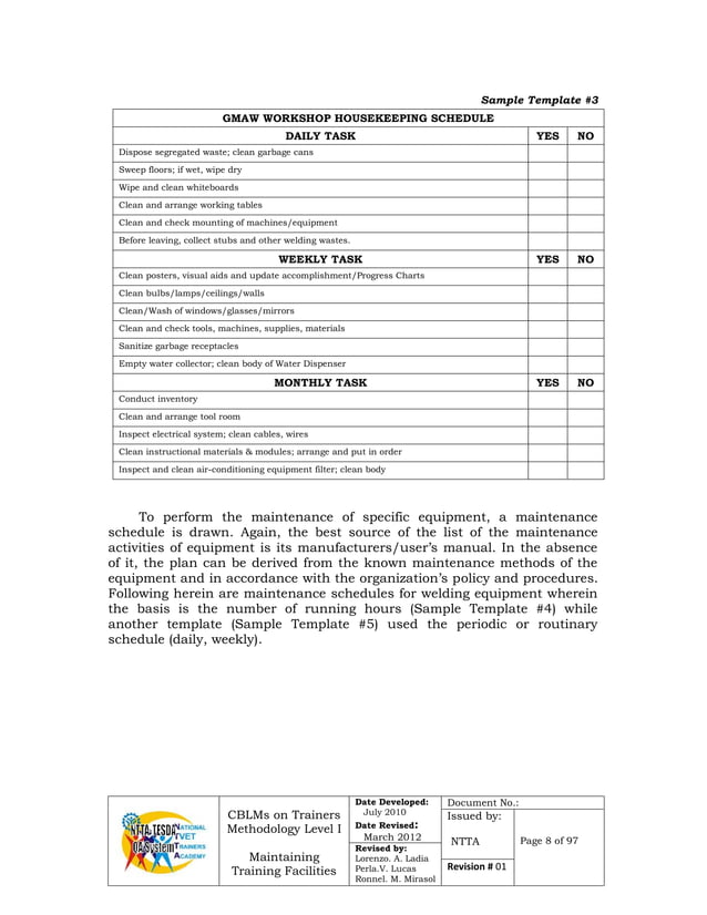 Maintain Training Facilities 1 Pdf