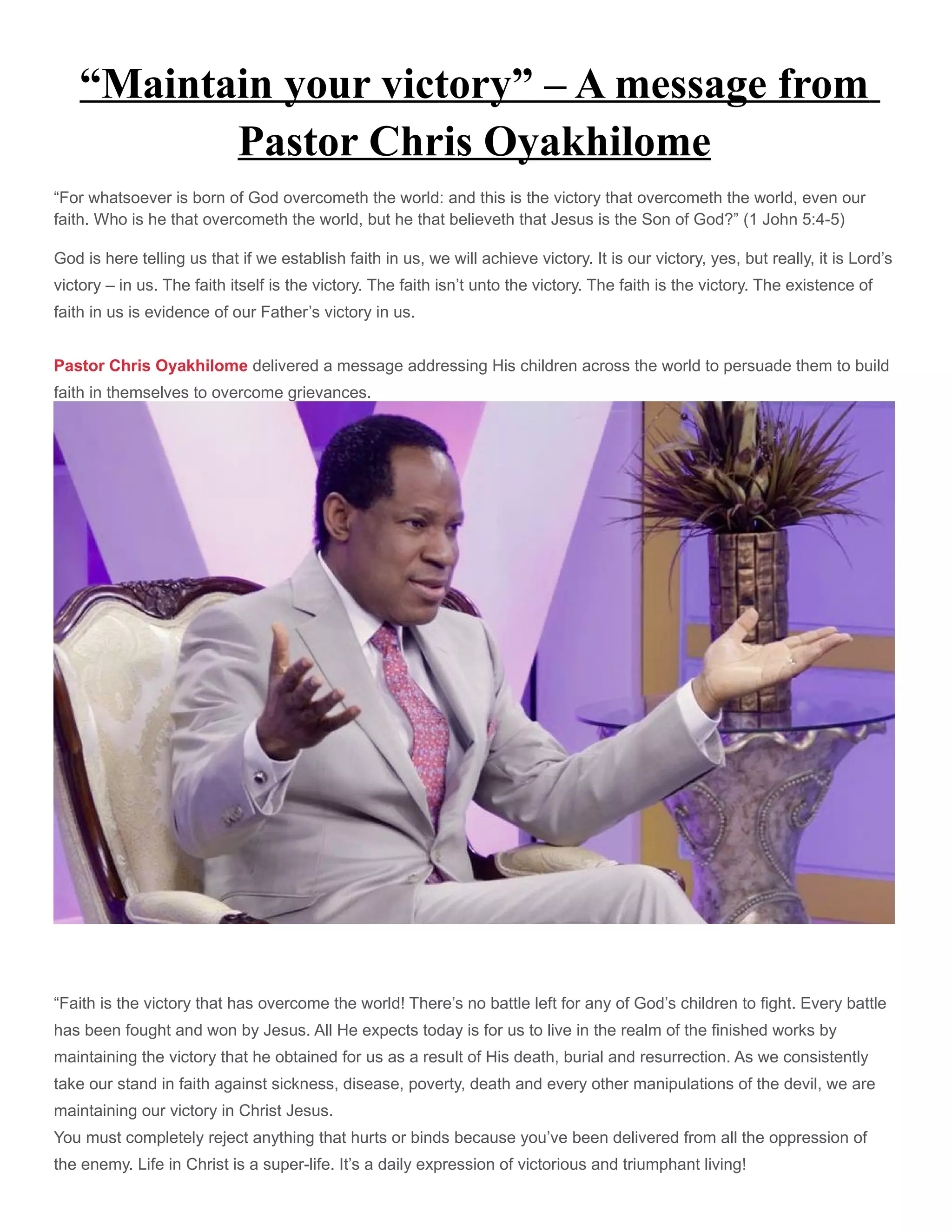“Maintain your victory” – A message from Pastor Chris Oyakhilome | PDF