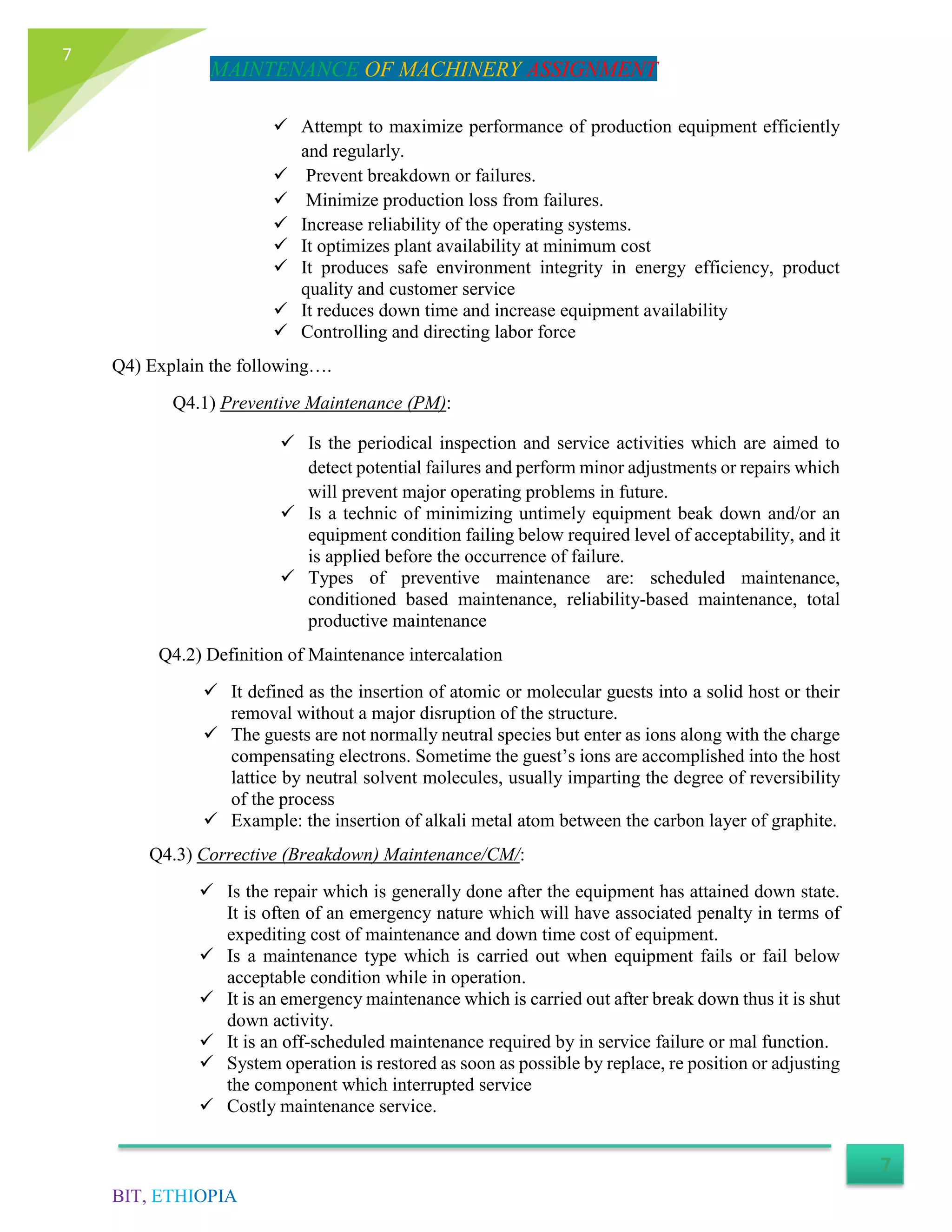 Maintanace of machinery assignment | PDF