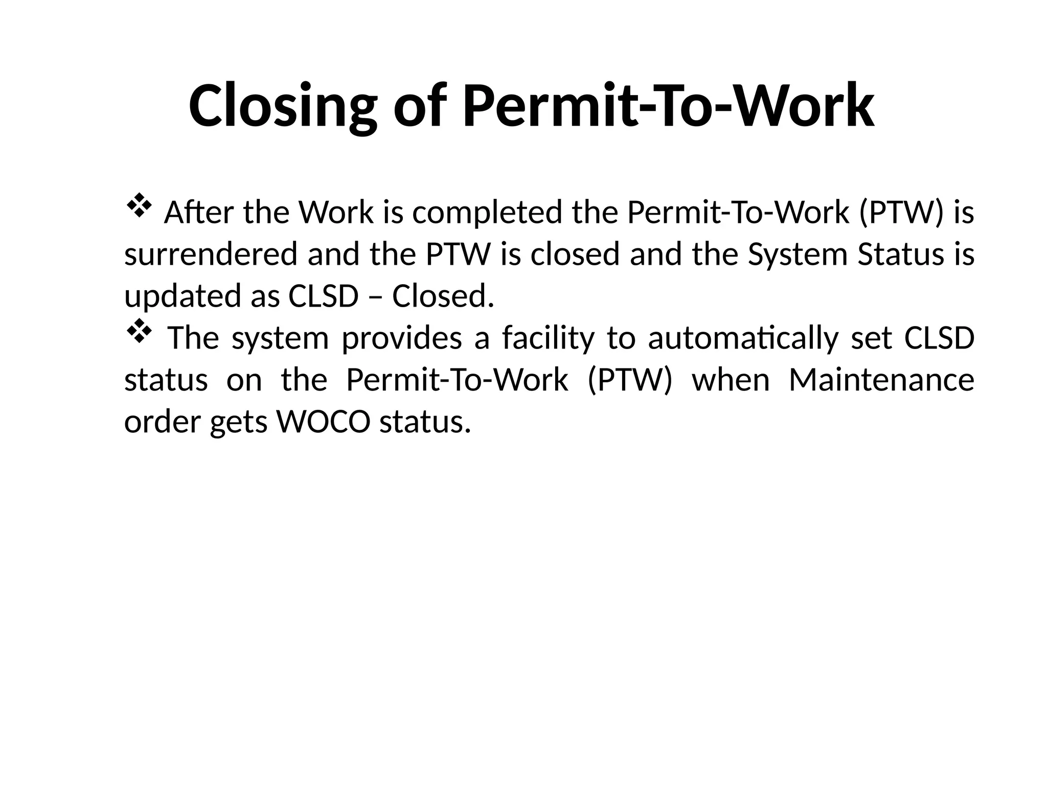 Maintenance - Work Permit Procedures, Self Permit, Permit on Phone ...