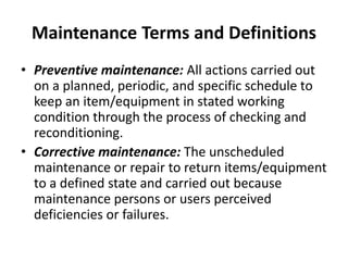 Maintenance and maintenance | PPTX | Business | Business and Finance