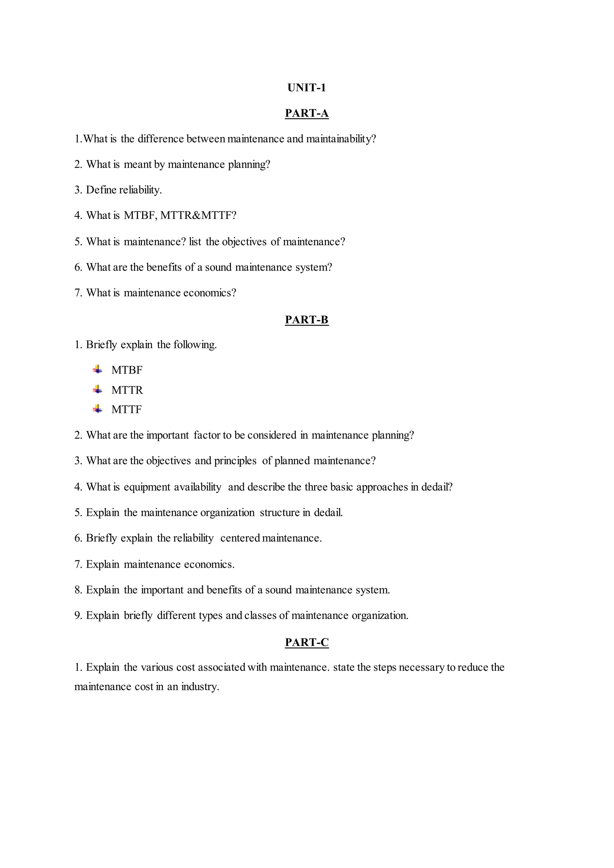 Maintenance important questions | DOCX