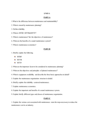 Maintenance important questions | PDF