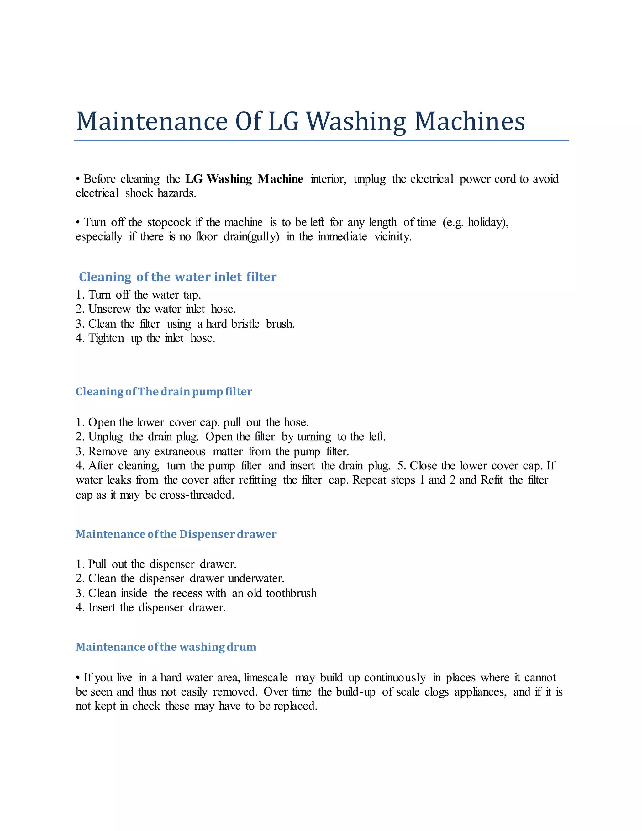 Maintenance of lg washing machines | DOCX