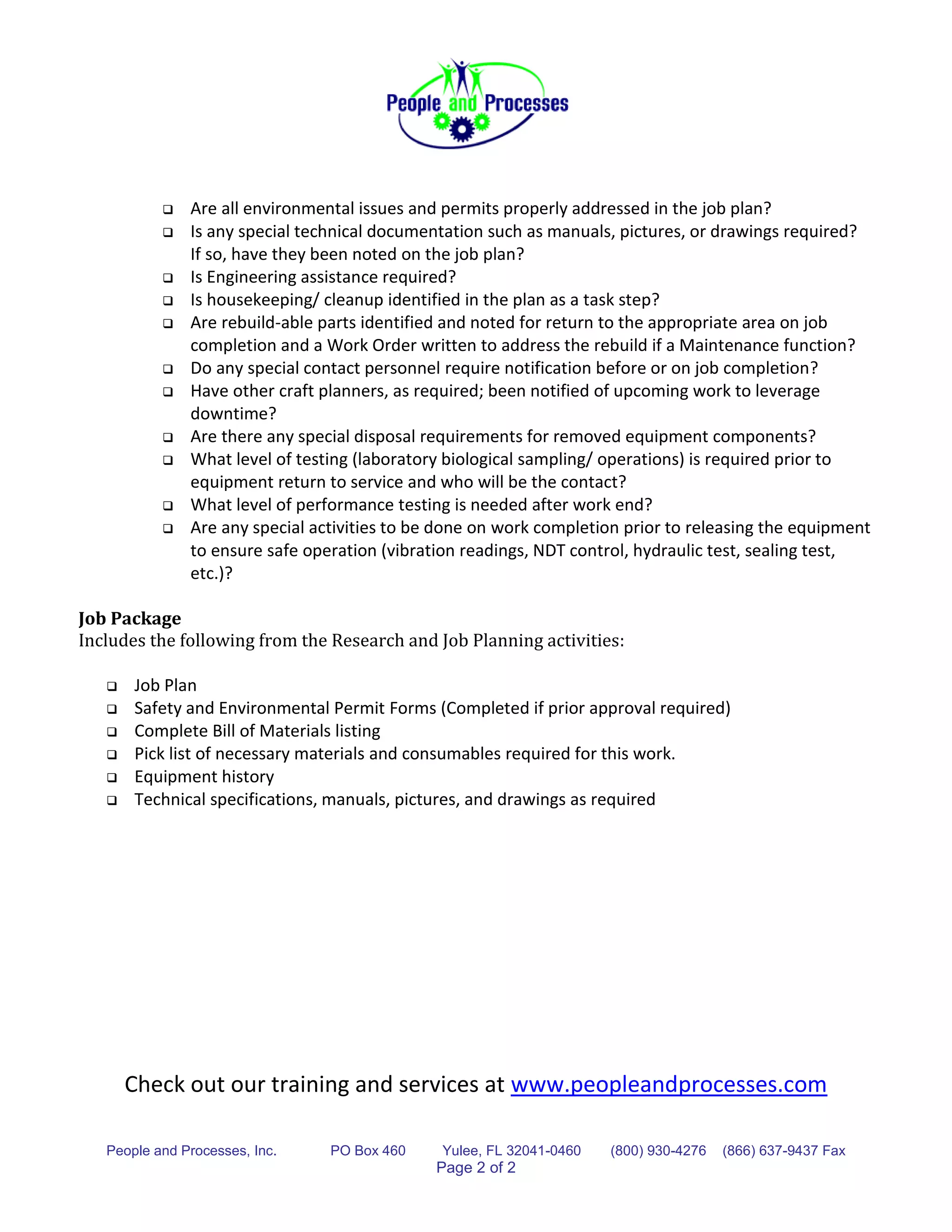 Maintenance Planning Checklist | PDF
