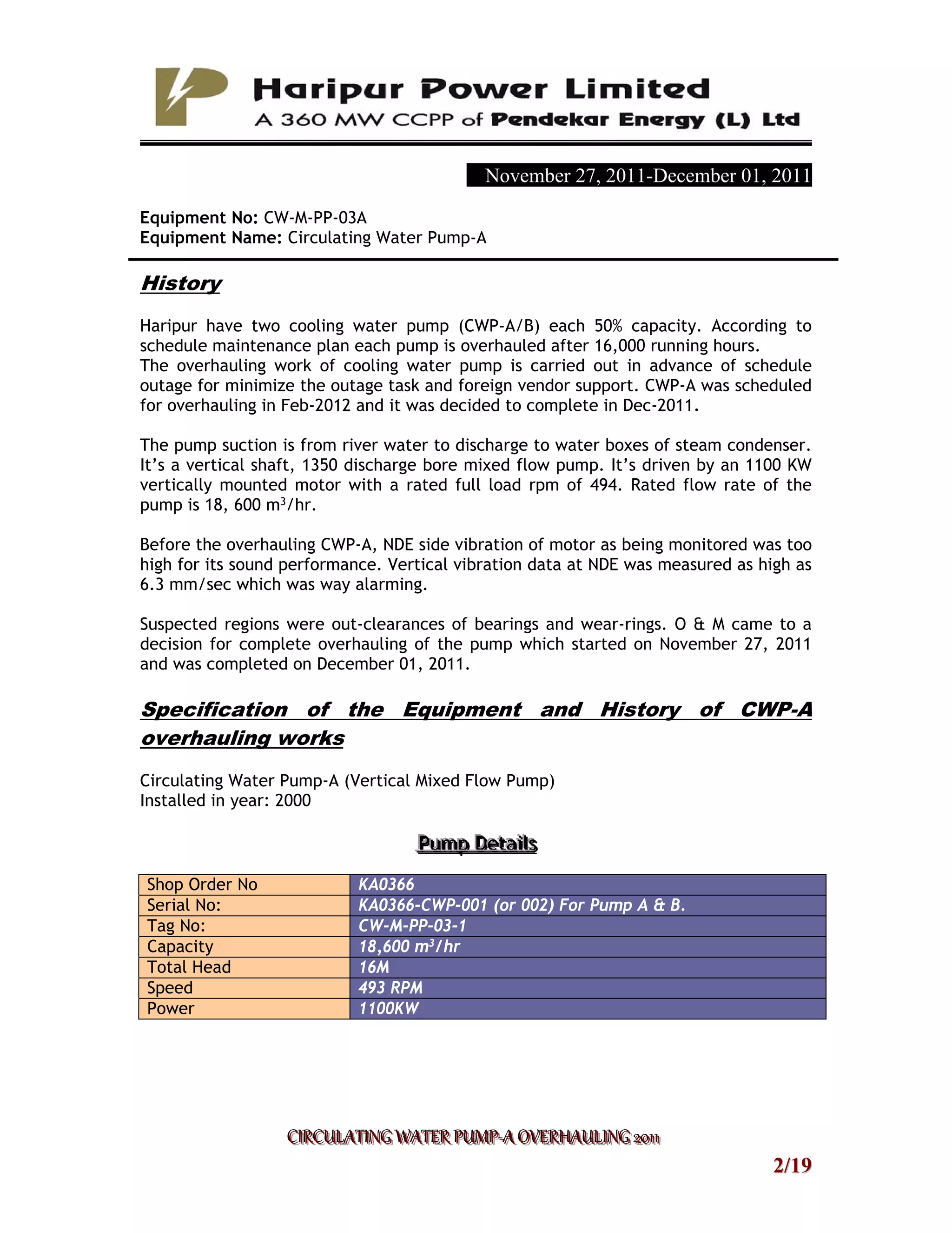 Maintenance report on Circulating Water Pump (CWP) Overhauling | PDF