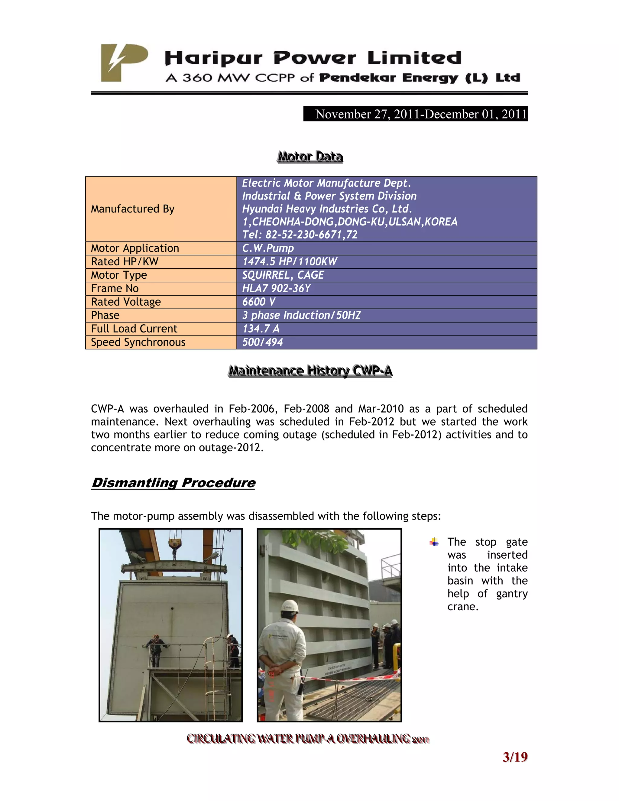 Maintenance report on Circulating Water Pump (CWP) Overhauling | PDF