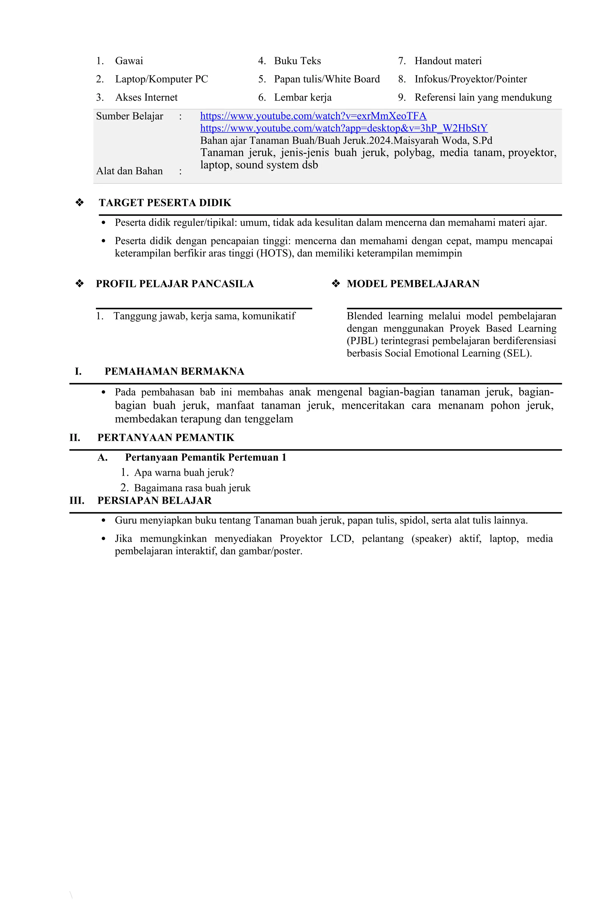 MAISYARAH WODA JERUK.paud kelompok b mengunakan blended learning PJBL DAN SEL | DOCX