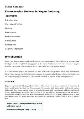 Fermentation Process in Yogurt Industry | DOCX