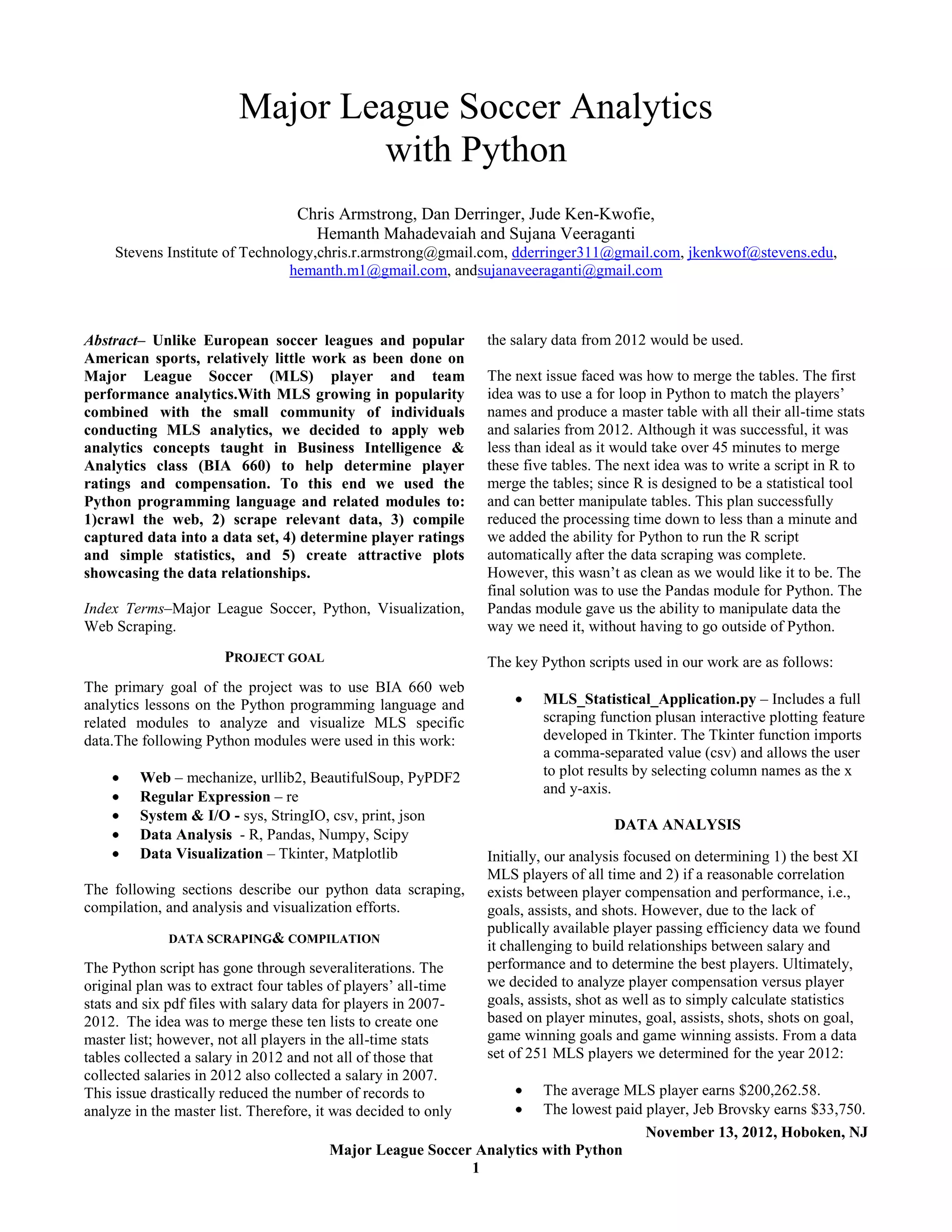 Major League Soccer Player Analysis-Report | PDF