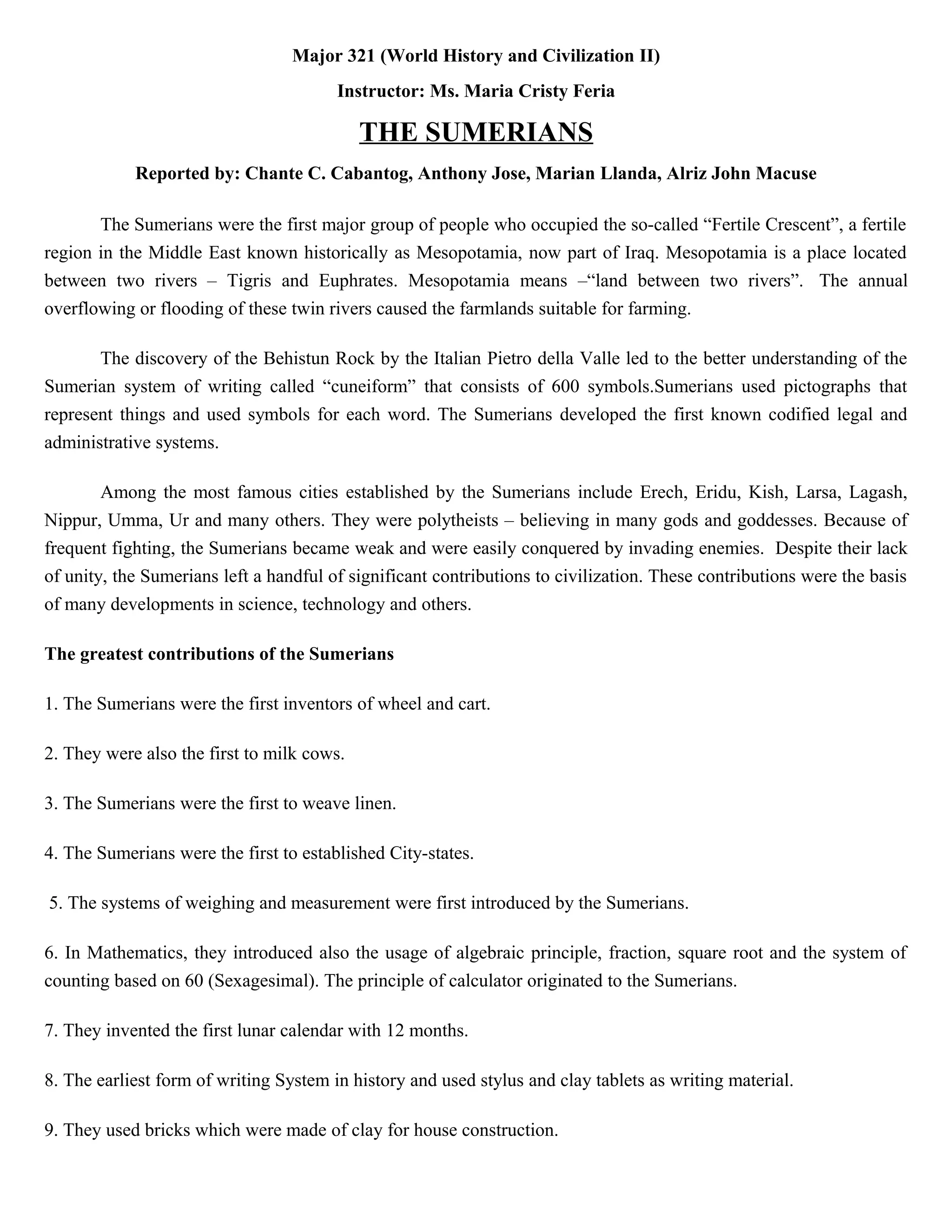 Major 321 World History and Civilization II - the Sumerians | DOC ...