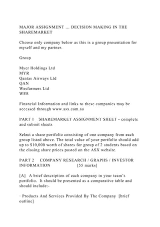 MAJOR ASSIGNMENT … DECISION MAKING IN THE SHAREMARKETChoose only.docx | Stocks and Bonds ...