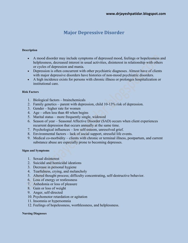 MDD Symptoms, Risks, Nursing Care | PDF