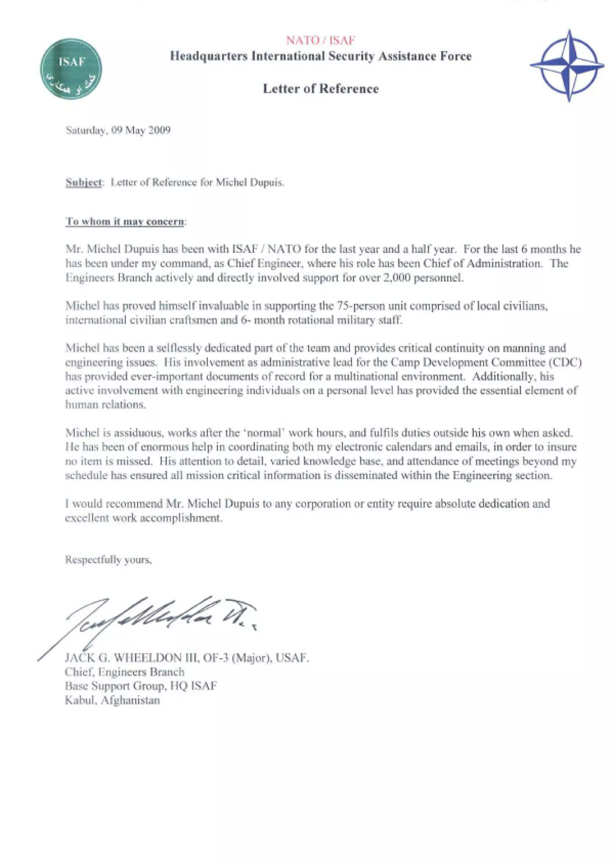Major jack g wheeldon iii letter of reference | PDF