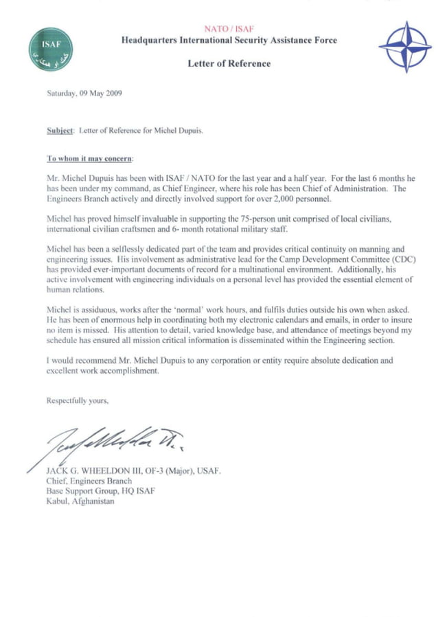 Major jack g wheeldon iii letter of reference | PDF
