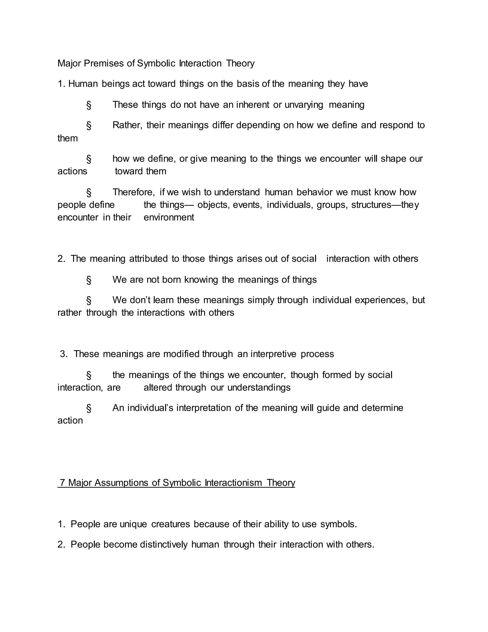 Major premises of symbolic interaction theory | DOCX