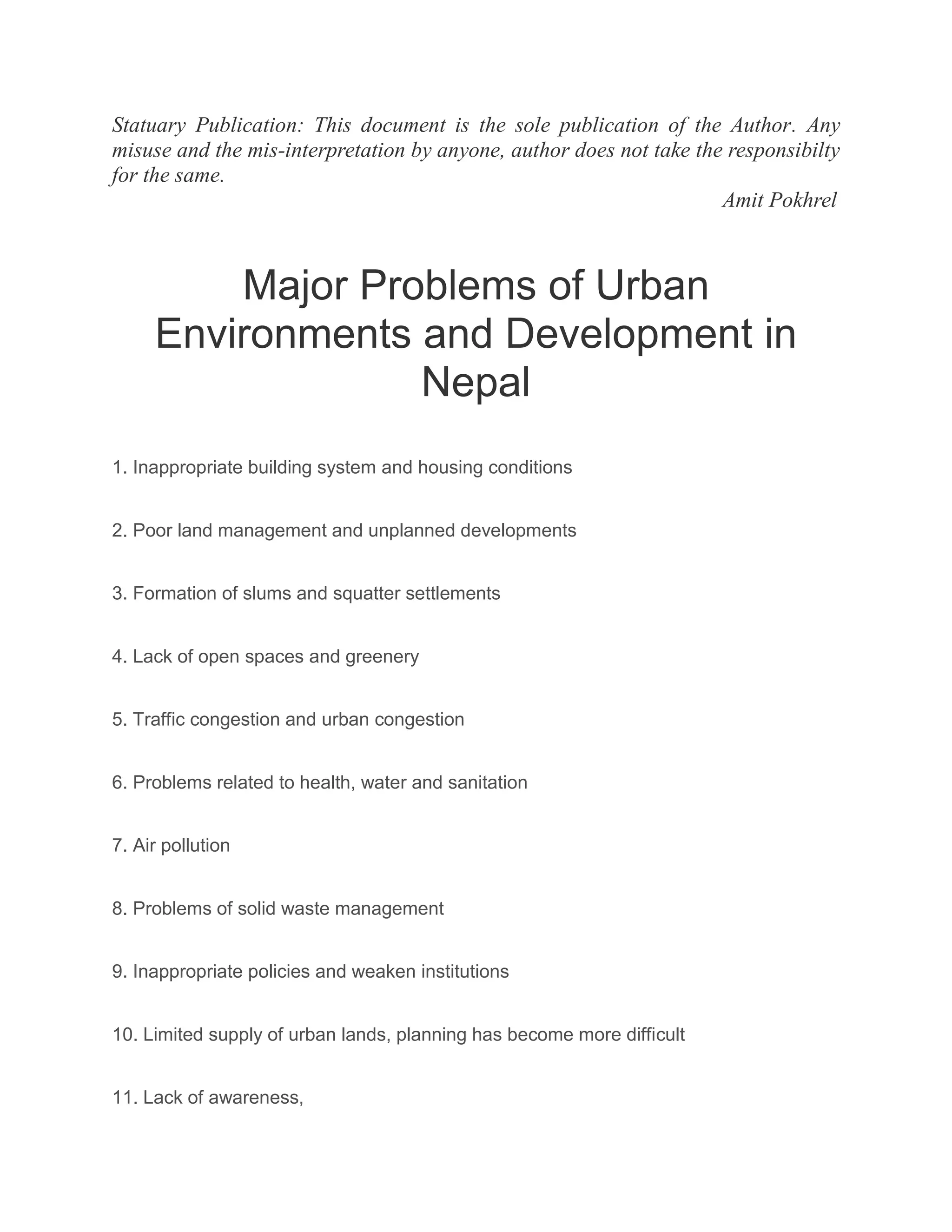 Major problems of urban environments and development in nepal | PDF