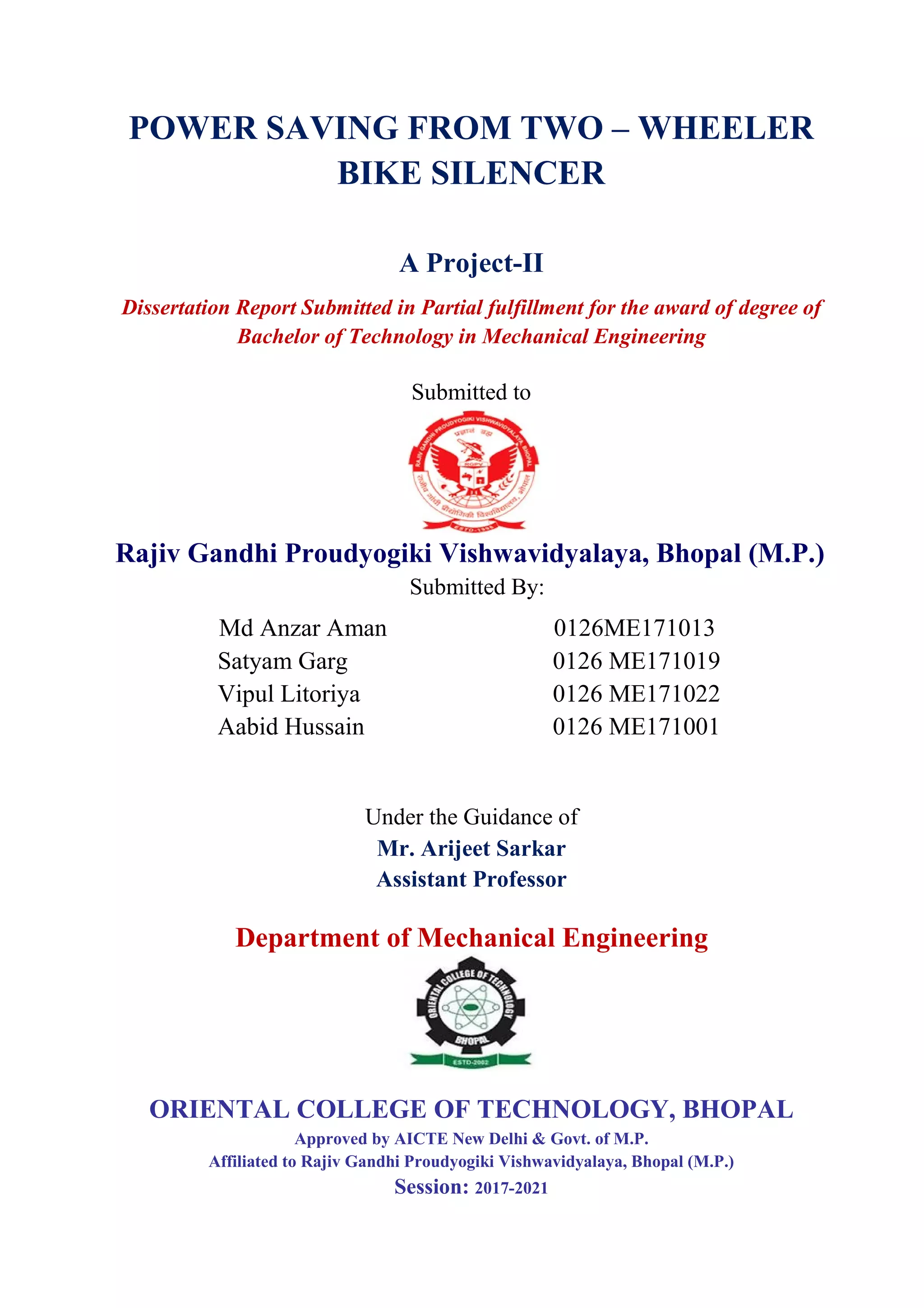 Thesis Report on Power Saving From Two -Wheeler Bike Silencer | PDF