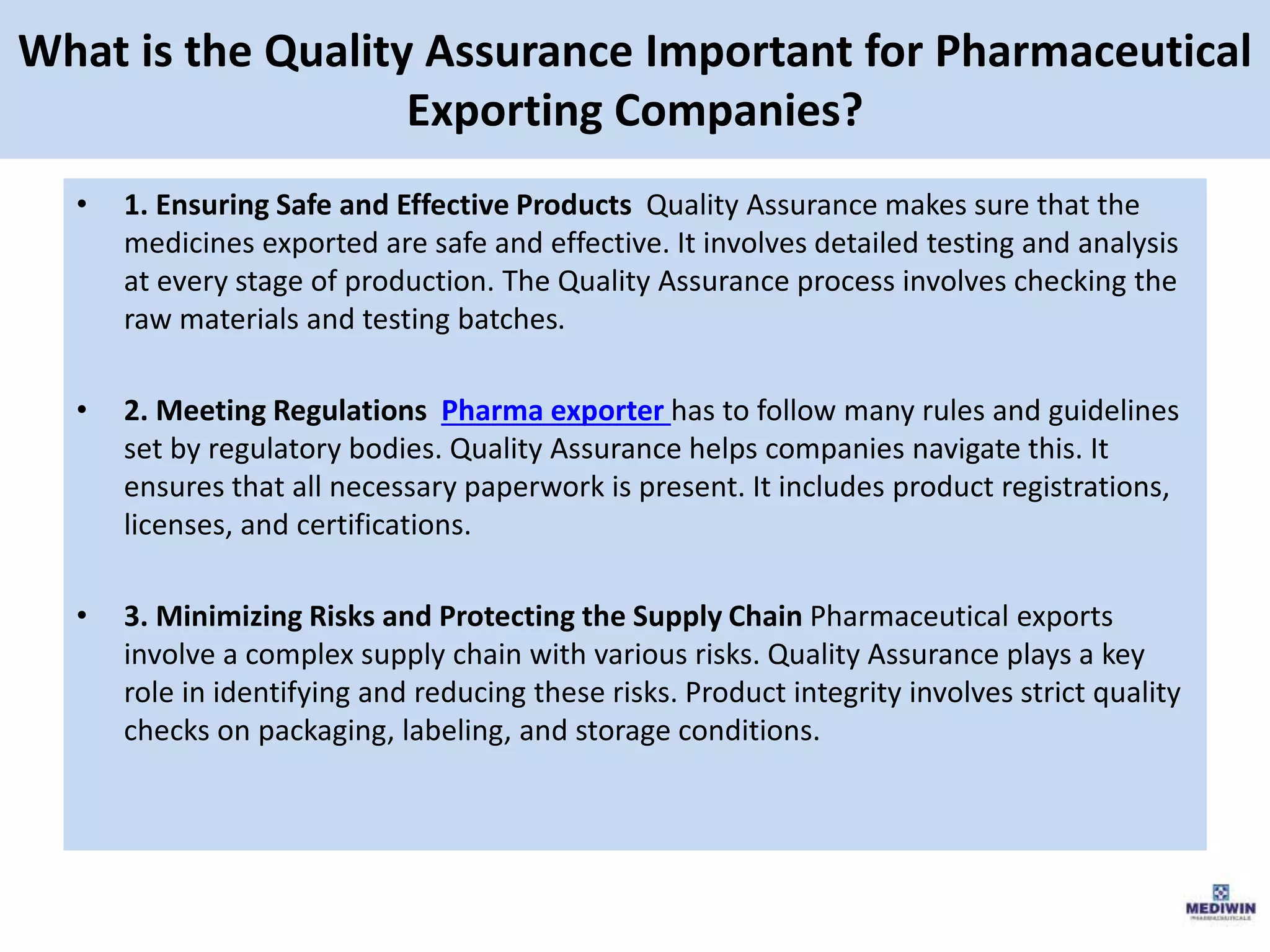 Major Quality Assurance in Pharmaceutical Export From India.pptx | Pharmaceutical Industry ...