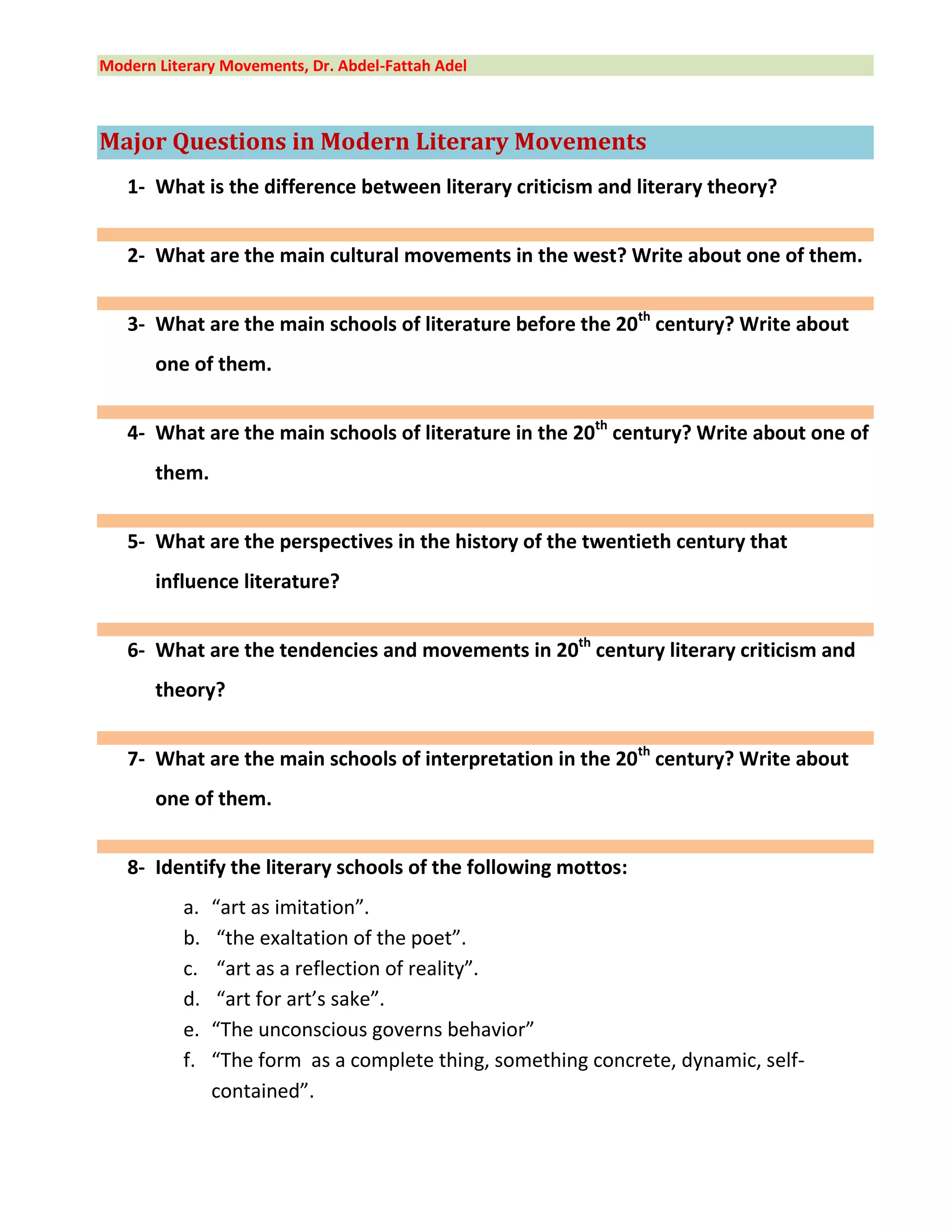 Major questions in modern literary movements | PDF