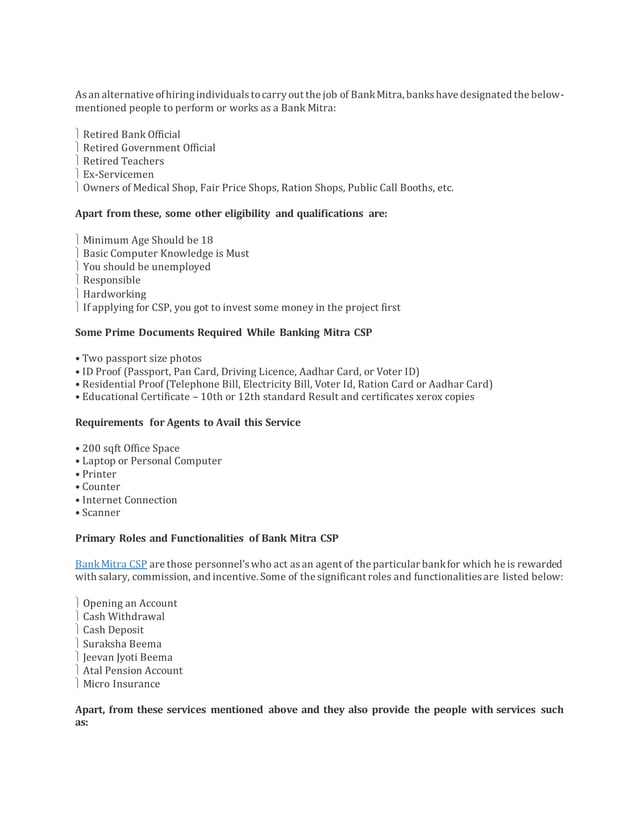 Major role of csp bank mitra | PDF