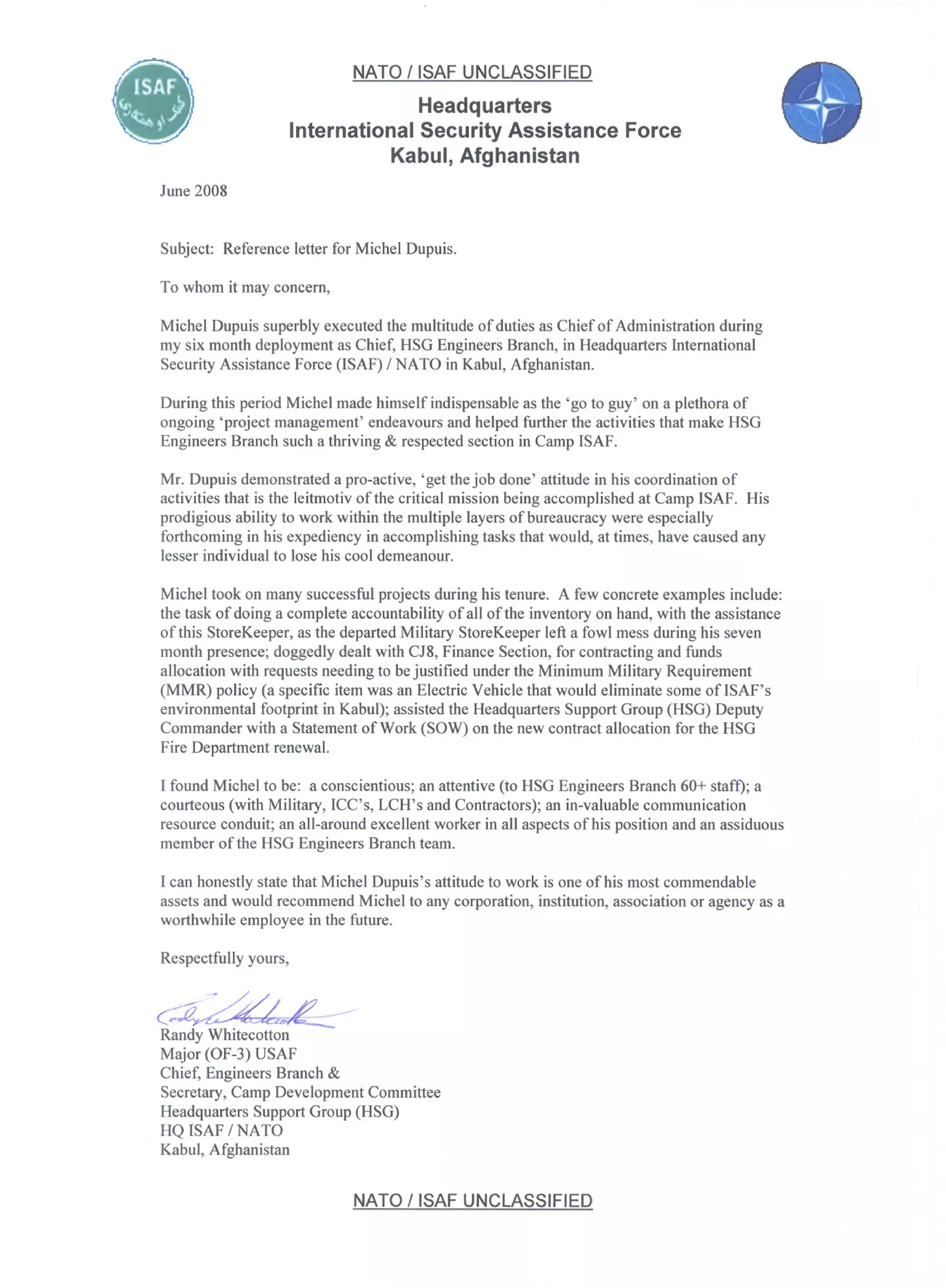 Major whitecotton's letter of reference | PDF