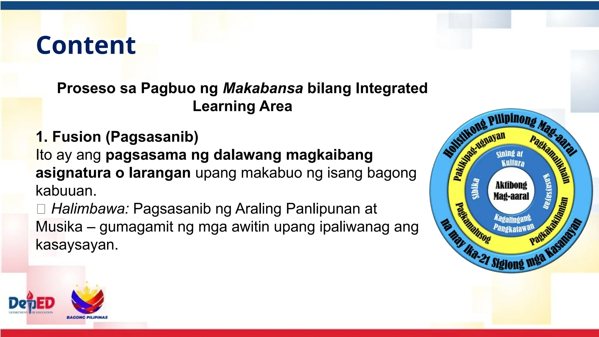 Makabansa” is part of the DepEd Core Values, which are: Maka-Diyos (God-loving) Makatao (Humane ...