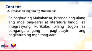 Makabansa” is part of the DepEd Core Values, which are: Maka-Diyos (God ...