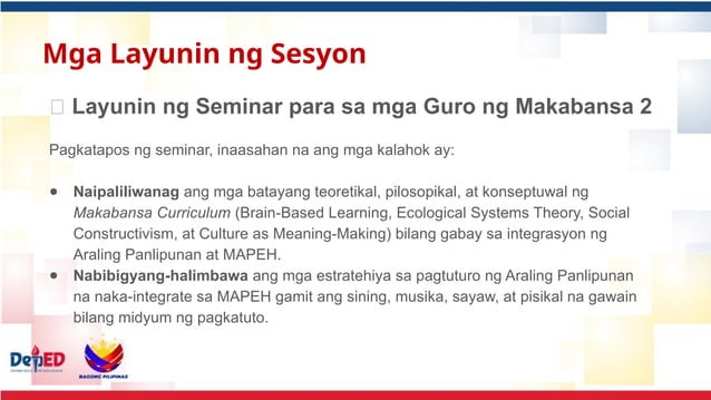 Makabansa” is part of the DepEd Core Values, which are: Maka-Diyos (God ...