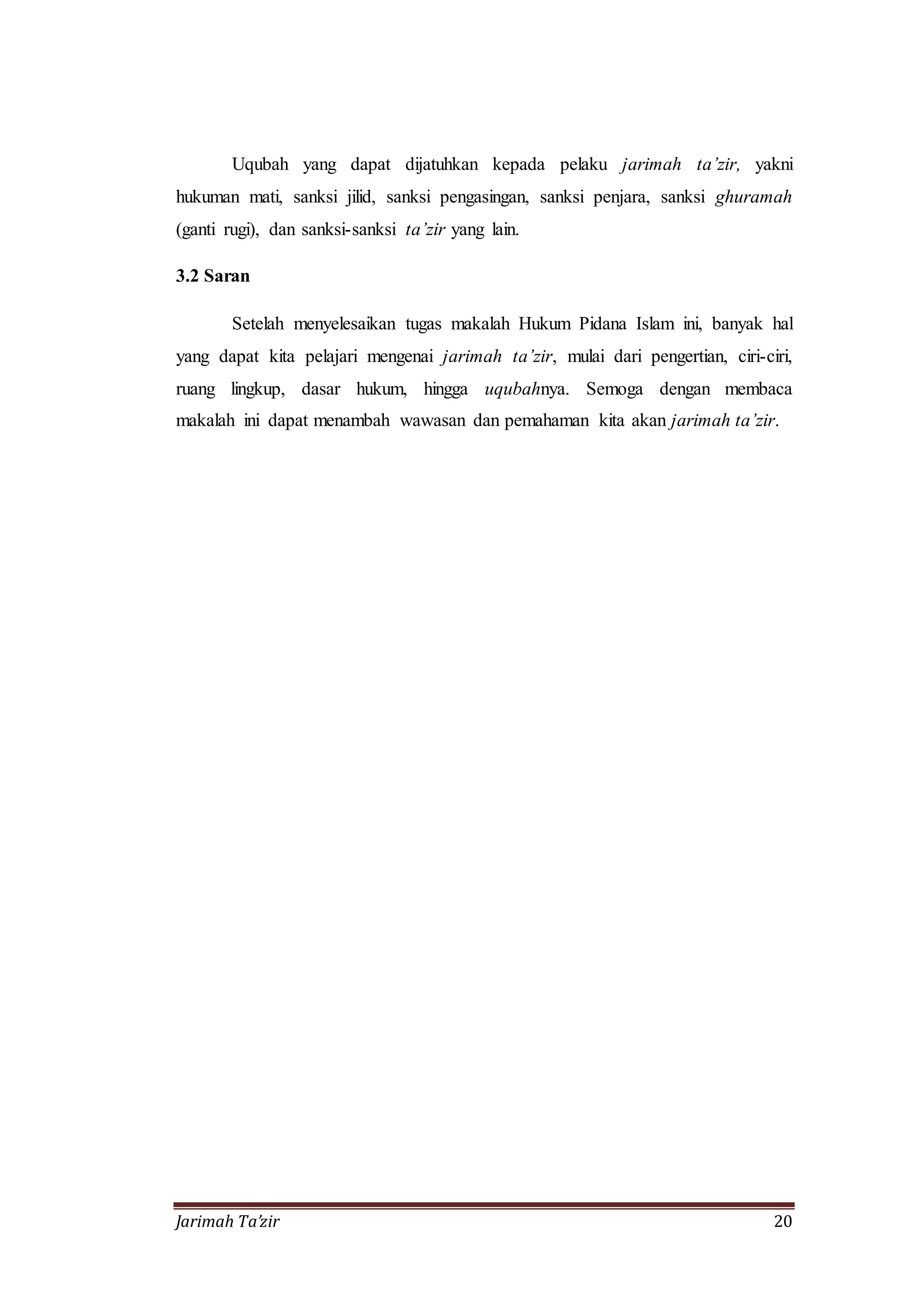 MAKALAH TA'ZIR FIQH JINAYAH PIDANA ISLAM | DOCX