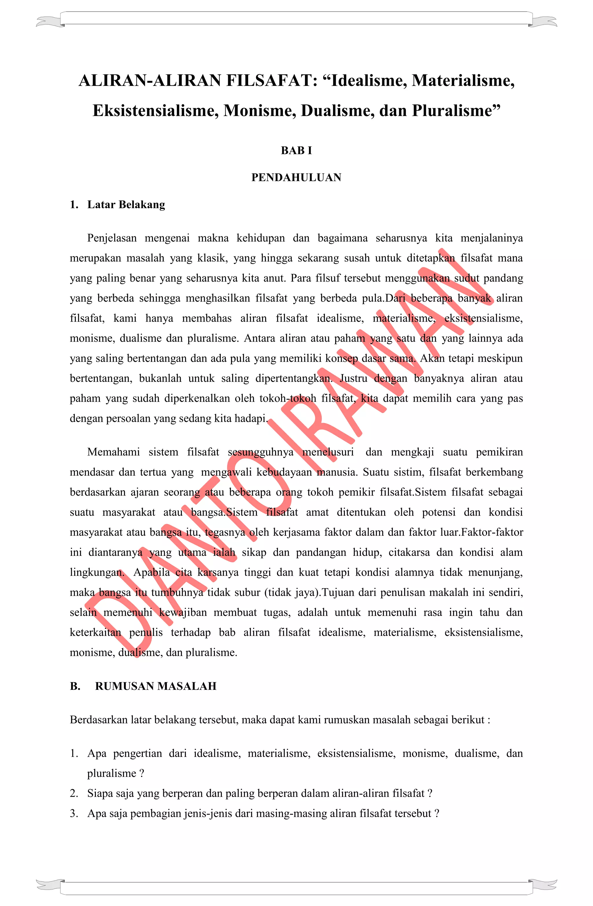 Makalah aliran filsafat idealisme materialisme pluralisme dualisme ...