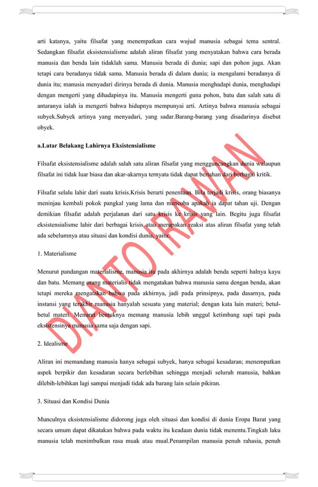 Makalah aliran filsafat idealisme materialisme pluralisme dualisme monisme eksistensialisme | DOCX