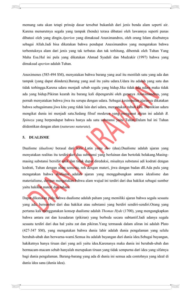 Makalah aliran filsafat idealisme materialisme pluralisme dualisme monisme eksistensialisme | DOCX