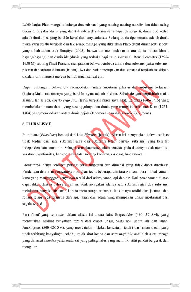 Makalah aliran filsafat idealisme materialisme pluralisme dualisme monisme eksistensialisme | DOCX