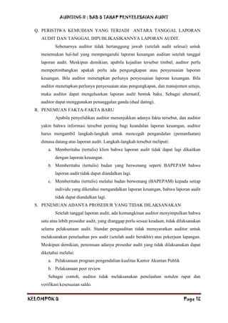 Makalah auditing ii kelompok 8 tahap penyelesaian audit (jiantari c 301 09 013) | DOCX