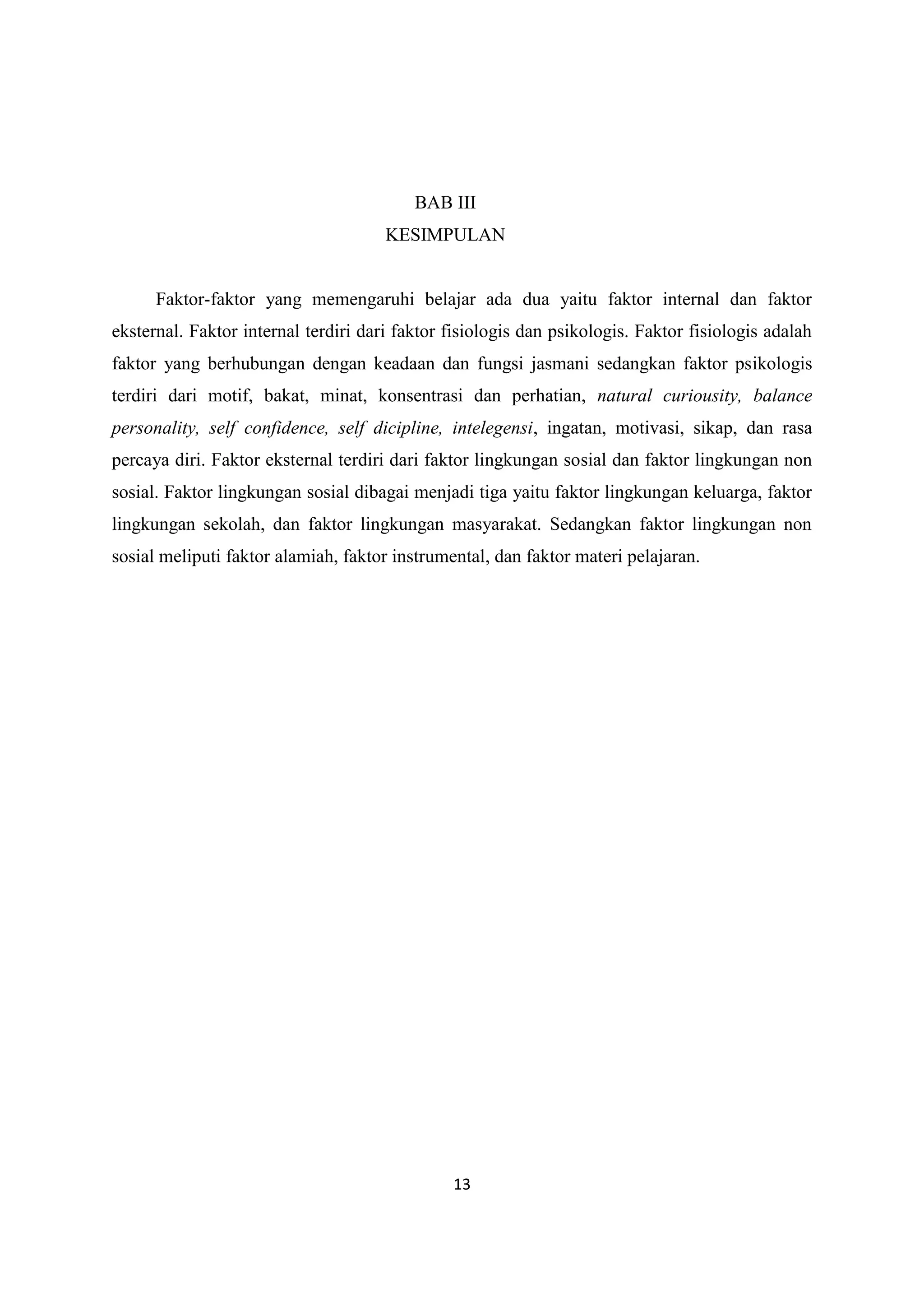 Makalah faktor faktor yang mempengaruhi belajar (kelompok 10) | DOCX