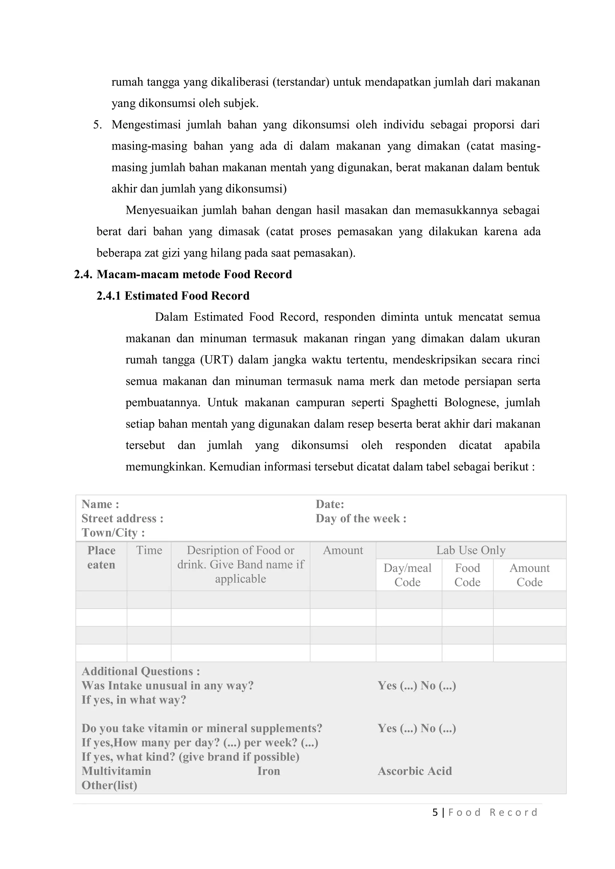 Makalah food record firda amalia 125070301111009 | PDF